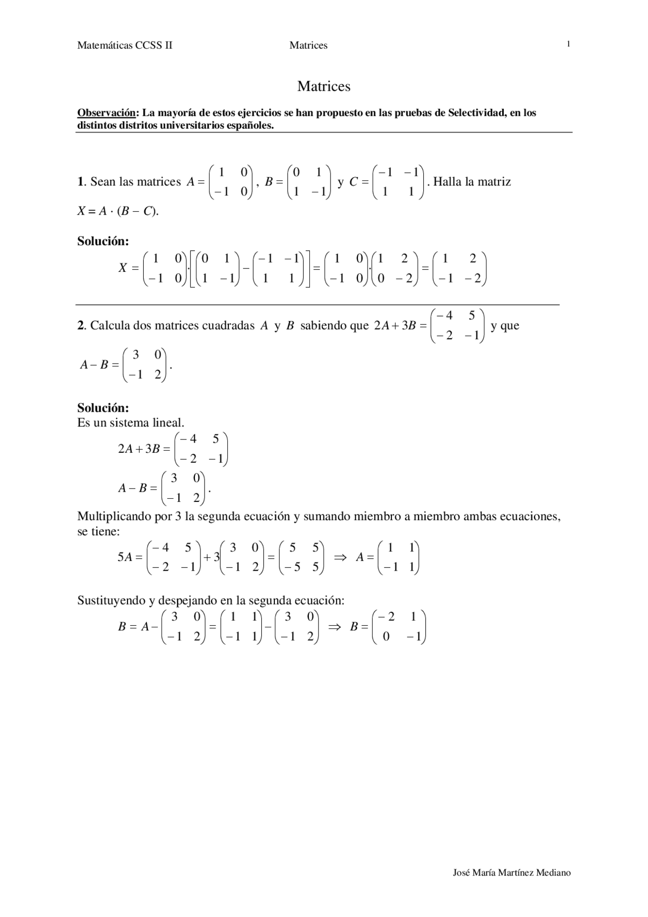 Problemas De Matrices Resueltos Ejercicios De Matemáticas Aplicadas A