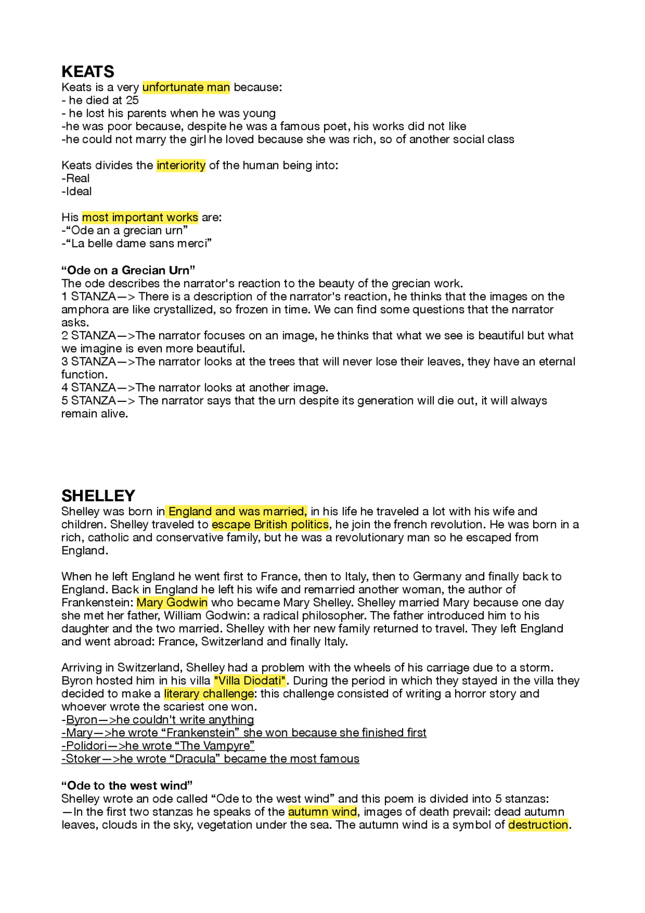 Riassunto keats and shelley | Schemi e mappe concettuali di Inglese ...
