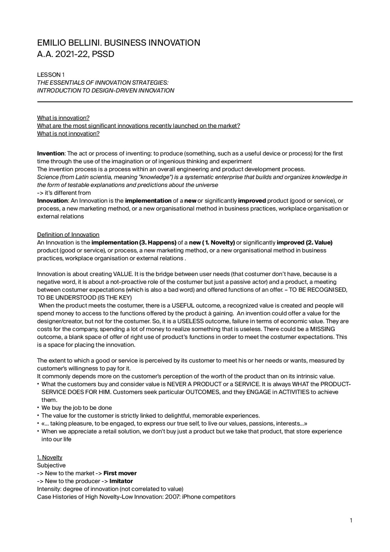 Business Innovation Emilio Bellini. AY 2021-22. Complete notes ...