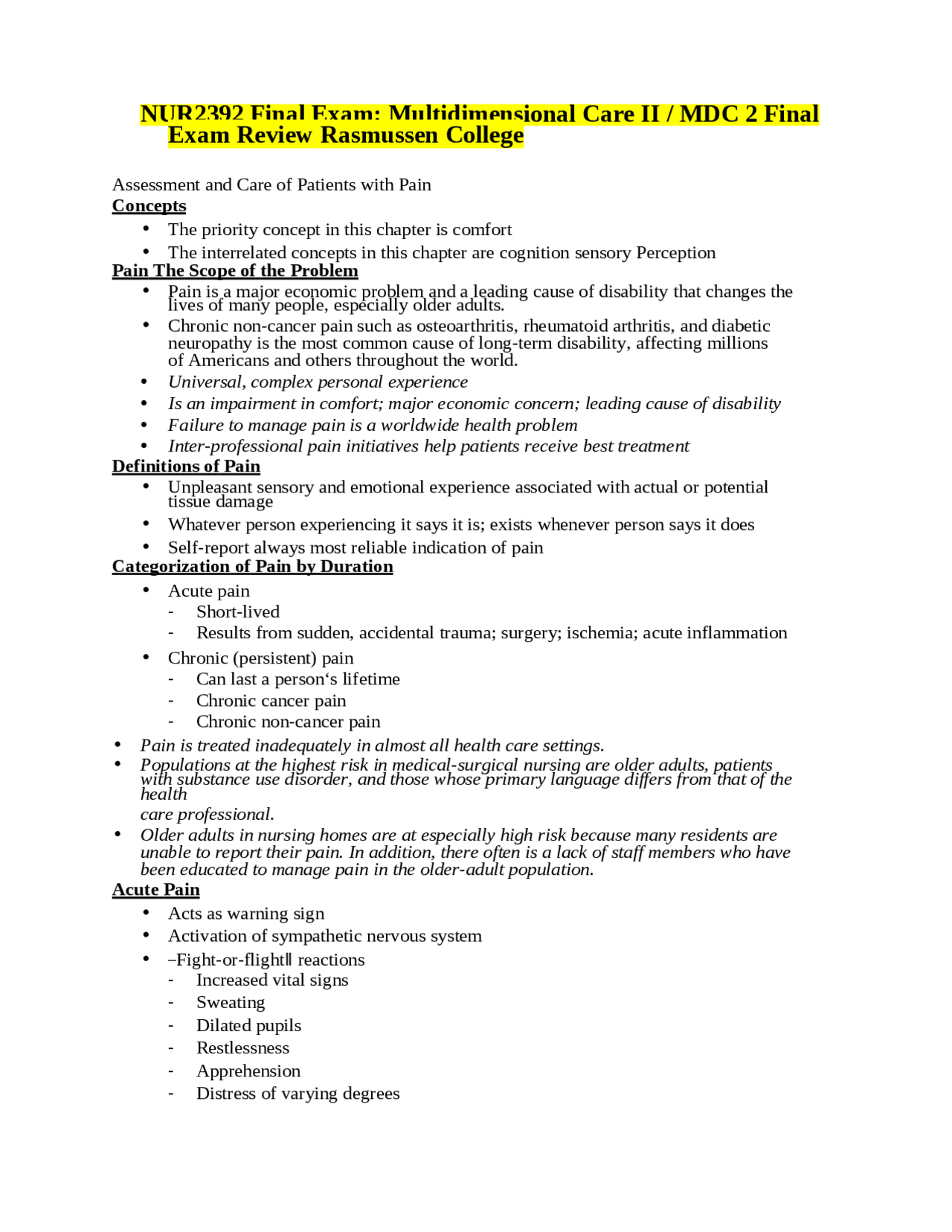 NUR2392 Final Exam: Multidimensional Care II / MDC 2 Final Exam Review ...