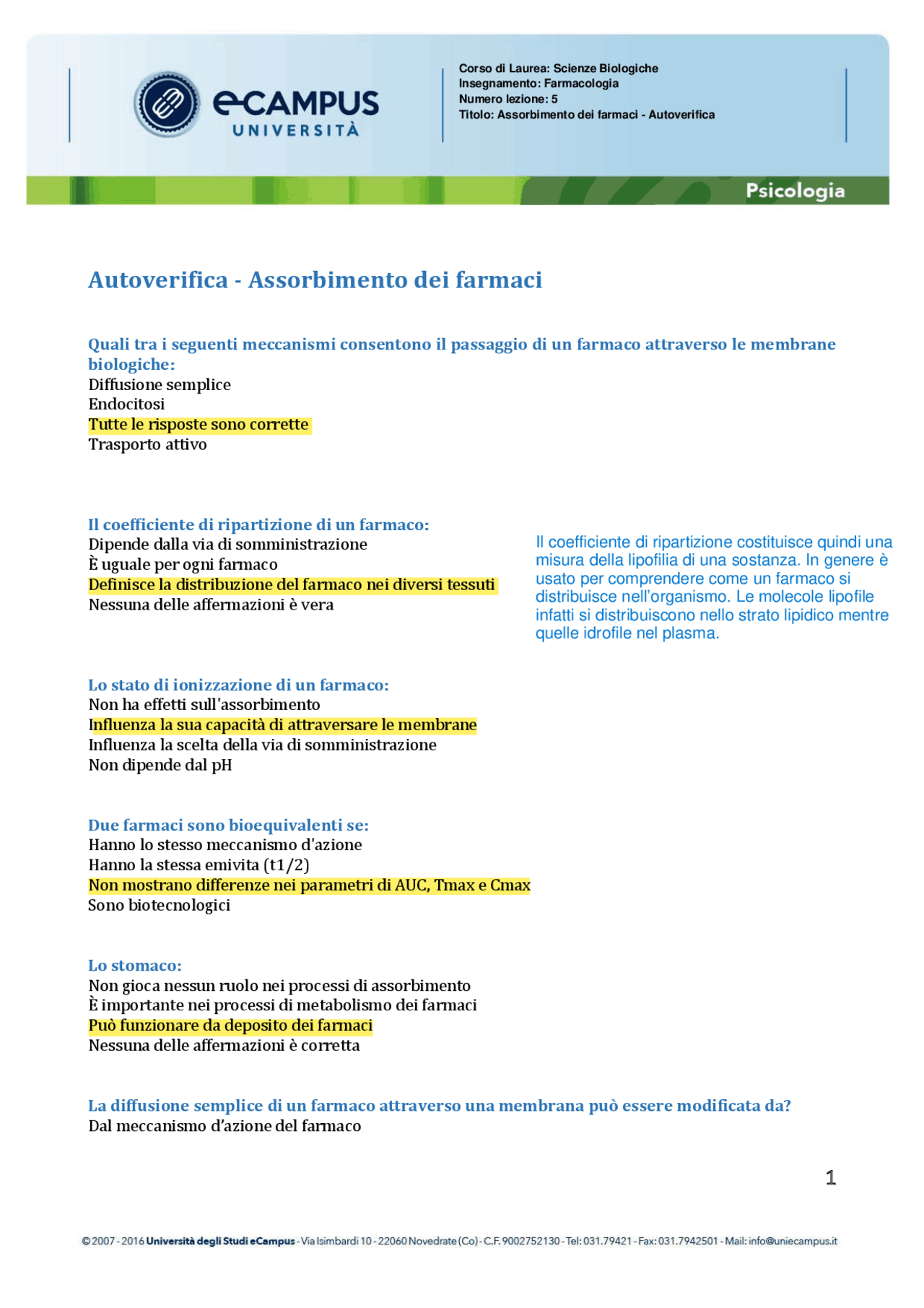 Esercizi Assorbimento | Esercizi di Farmacologia | Docsity