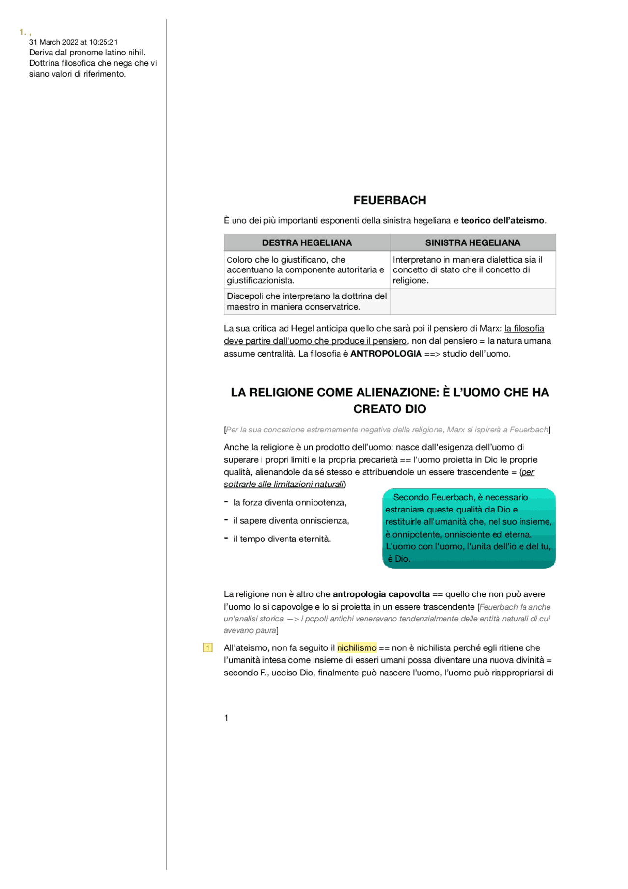 Feuerbach Riassuntivo Schemi E Mappe Concettuali Di Filosofia Docsity
