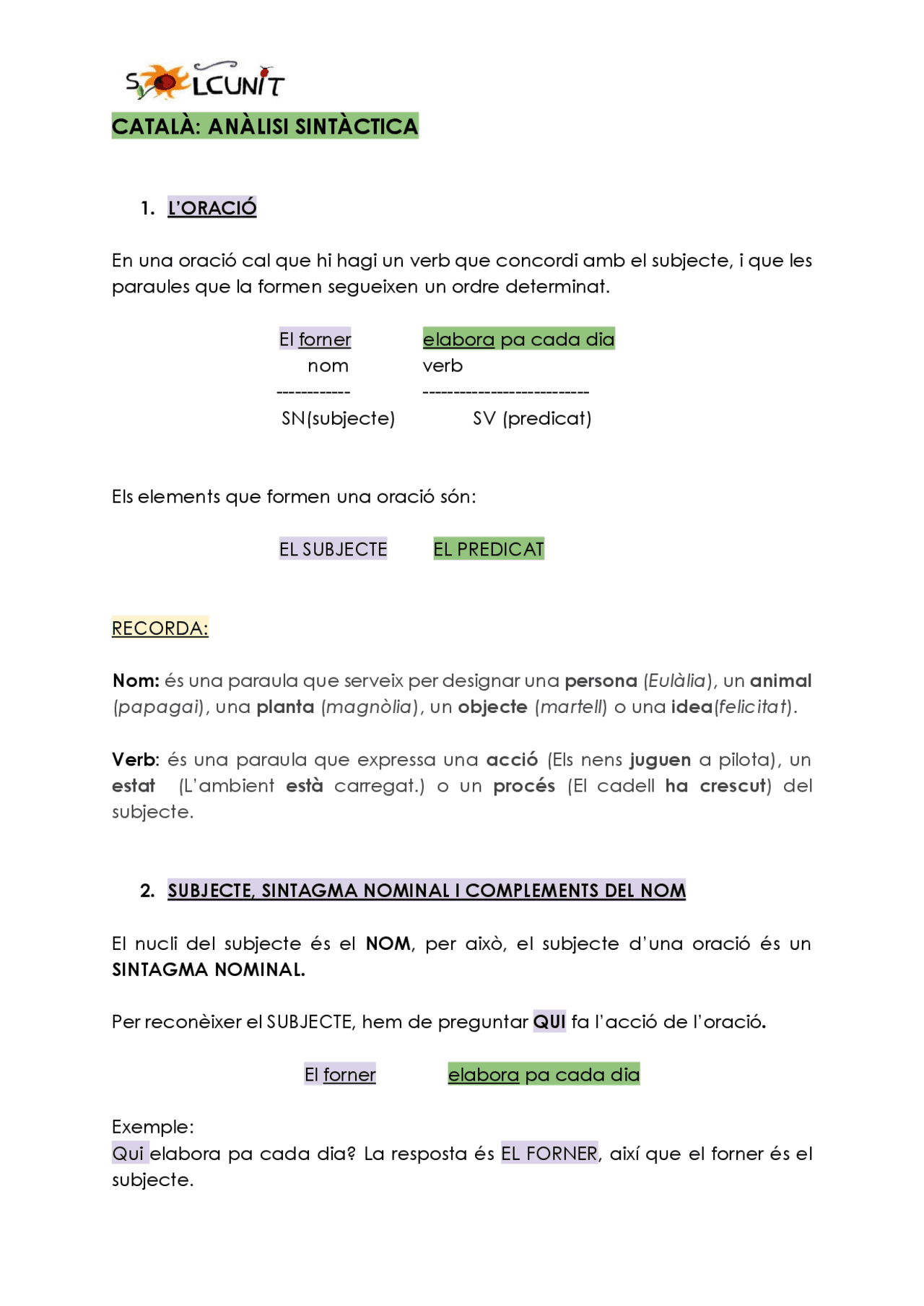 Analisi Sintactic Para Poder Aorender Resúmenes De Catalán Docsity