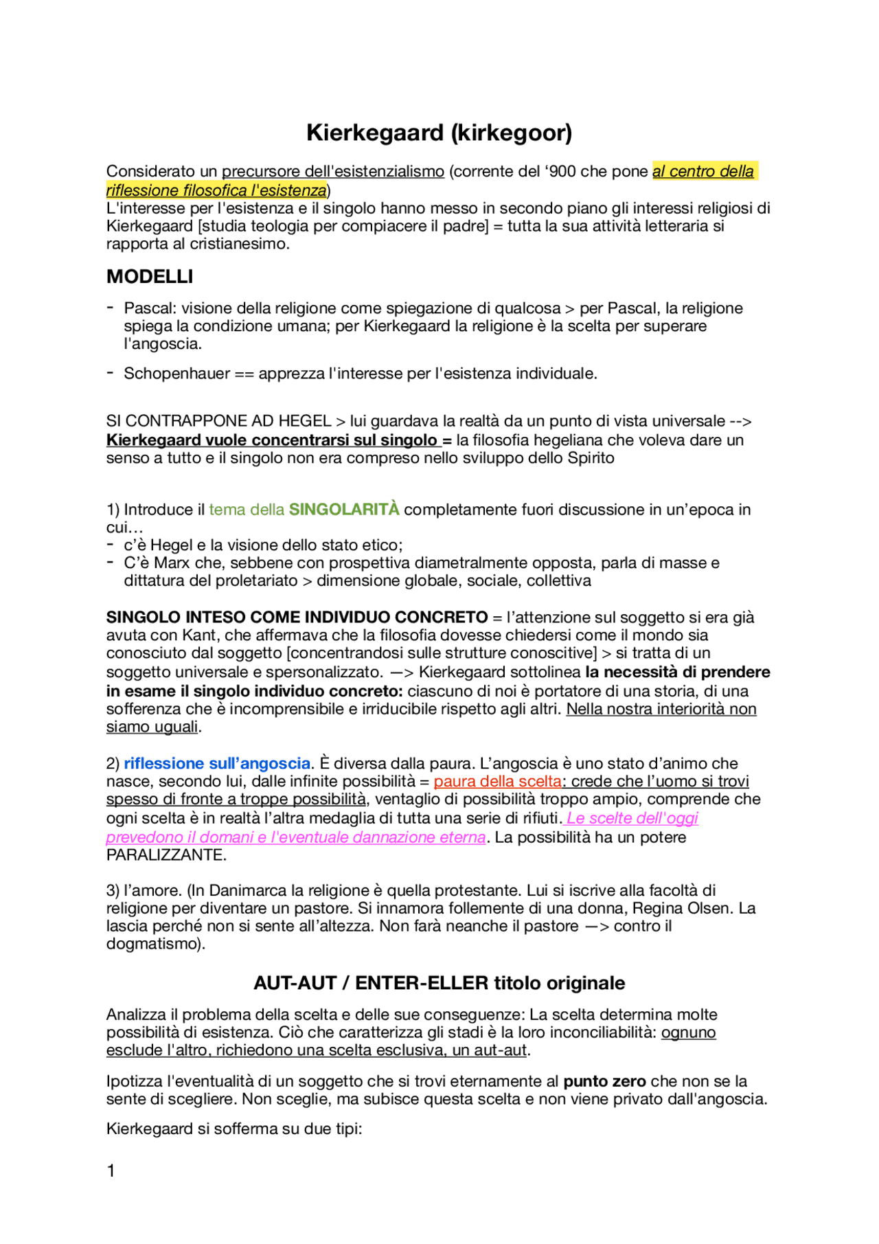 Kierkegaard Sintetico Schemi E Mappe Concettuali Di Filosofia Docsity