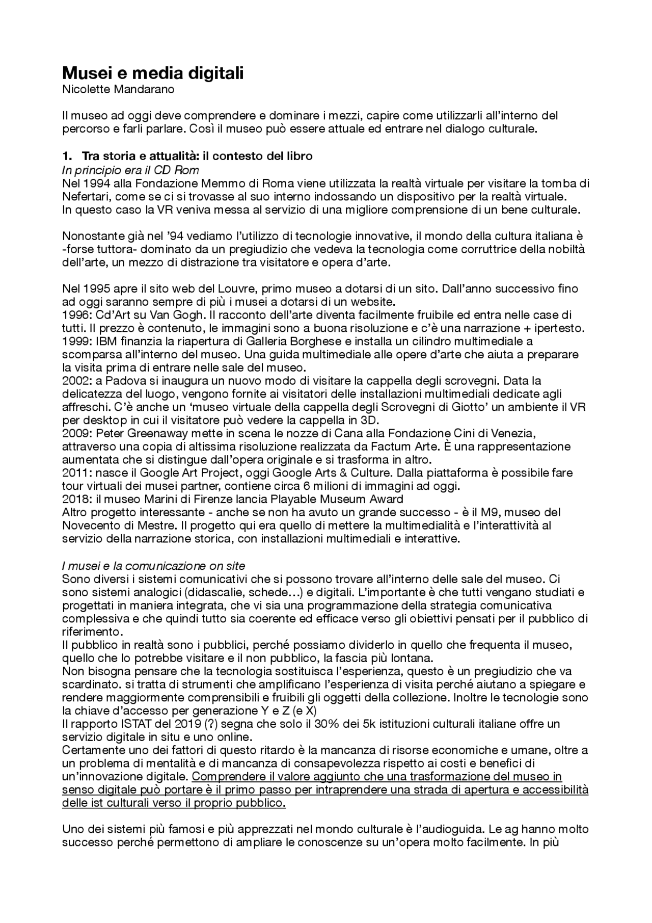Riassunto del libro Musei e Media Digitali di Nicolette Mandarano ...