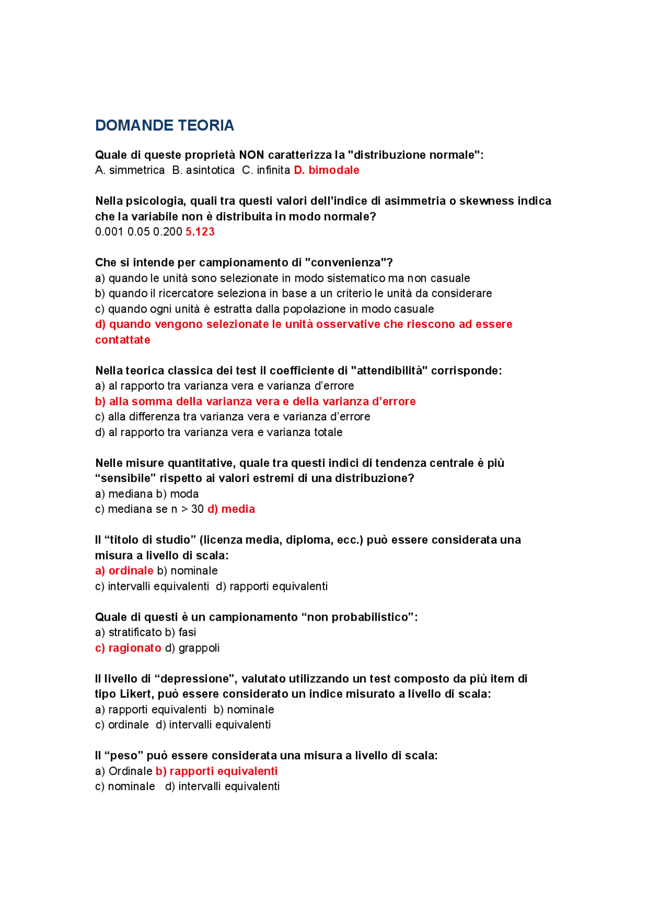 Prova Esame Psicometria Prove Desame Di Psicometria Docsity