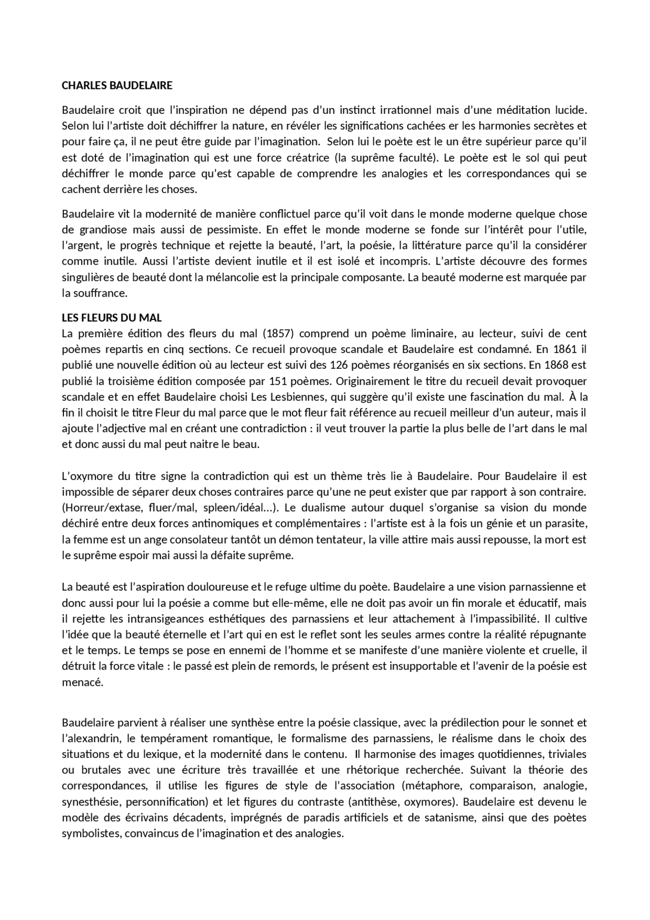 Riassunto Charles Baudelaire In Francese Dispense Di Francese Docsity