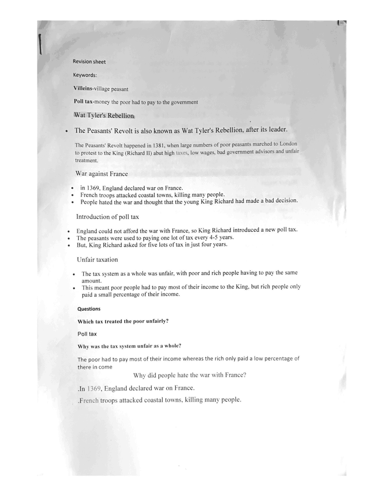 Peasants revolt revision sheet | Study notes History | Docsity