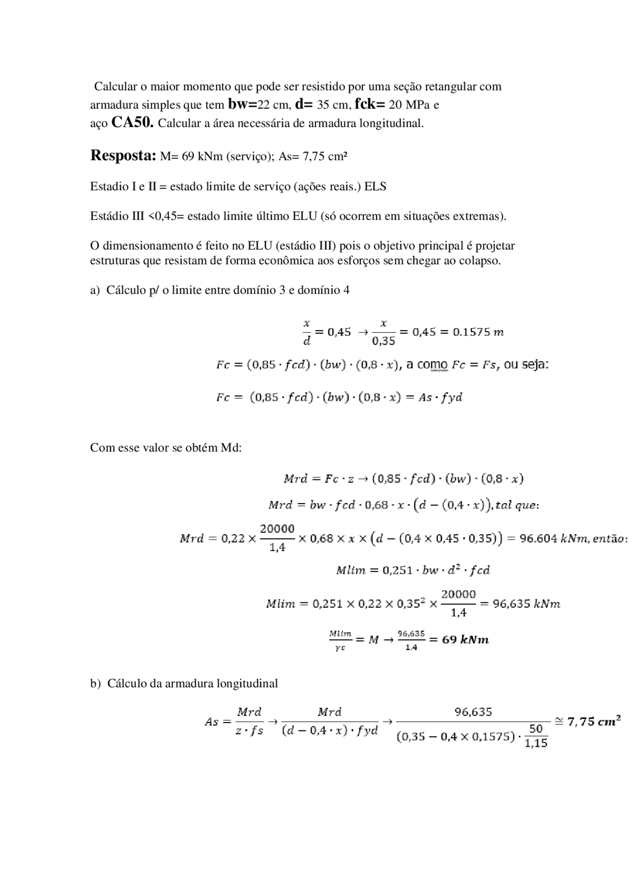 Calculo de momento resistente | Exercícios Direito Civil | Docsity