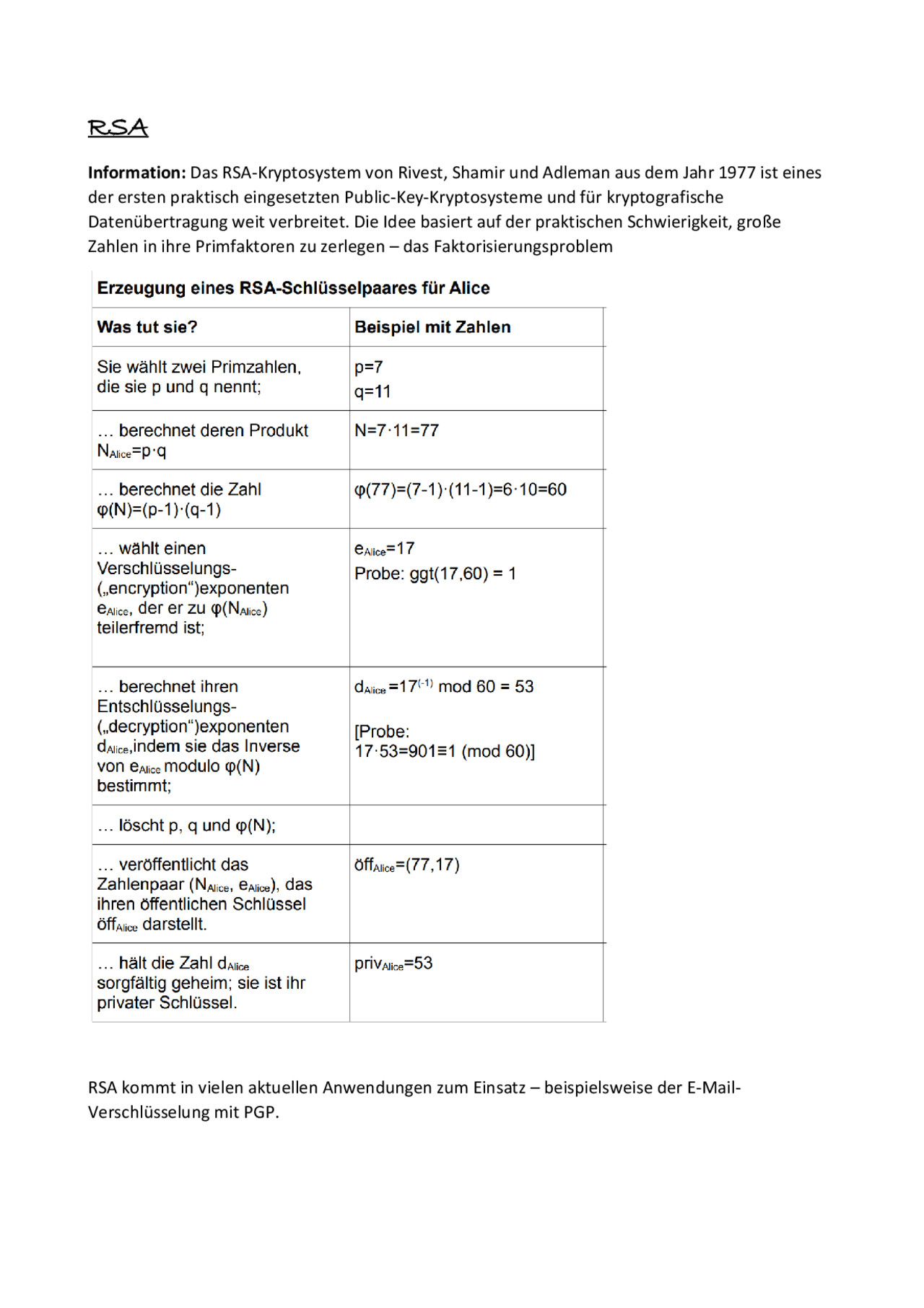 Rsa Schlüsselerzeugung Skripte Informatik Docsity