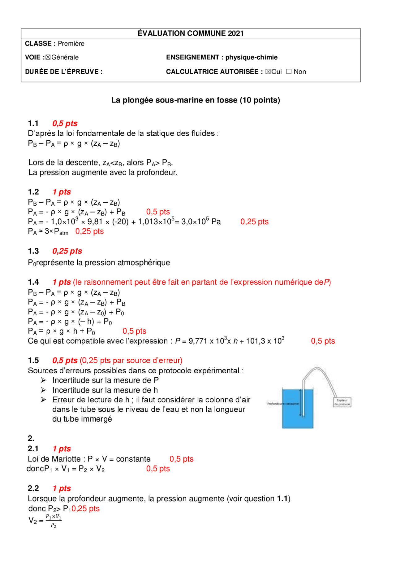 plonger sous marine exercice pression | Exams Physics | Docsity