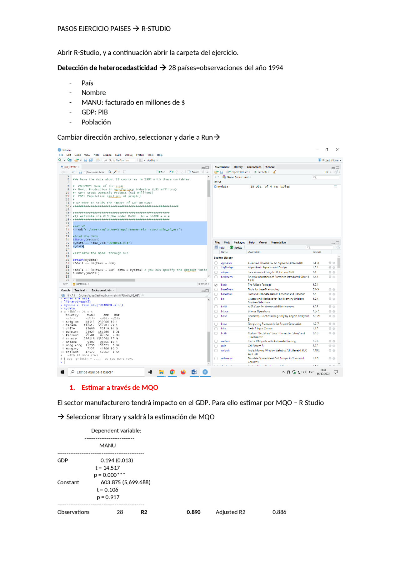 Pasos para ejercicios R studio (programa informativo) | Ejercicios de Econometría | Docsity