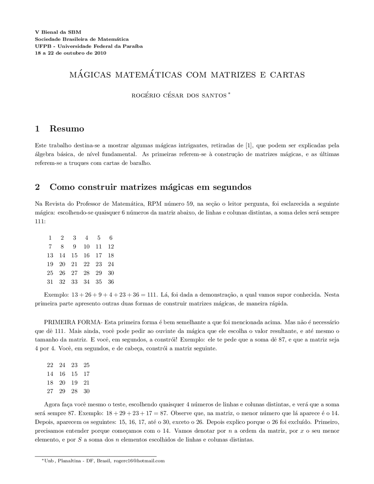 Mágicas Matemáticas Com Matrizes E Cartas Slides Álgebra Docsity