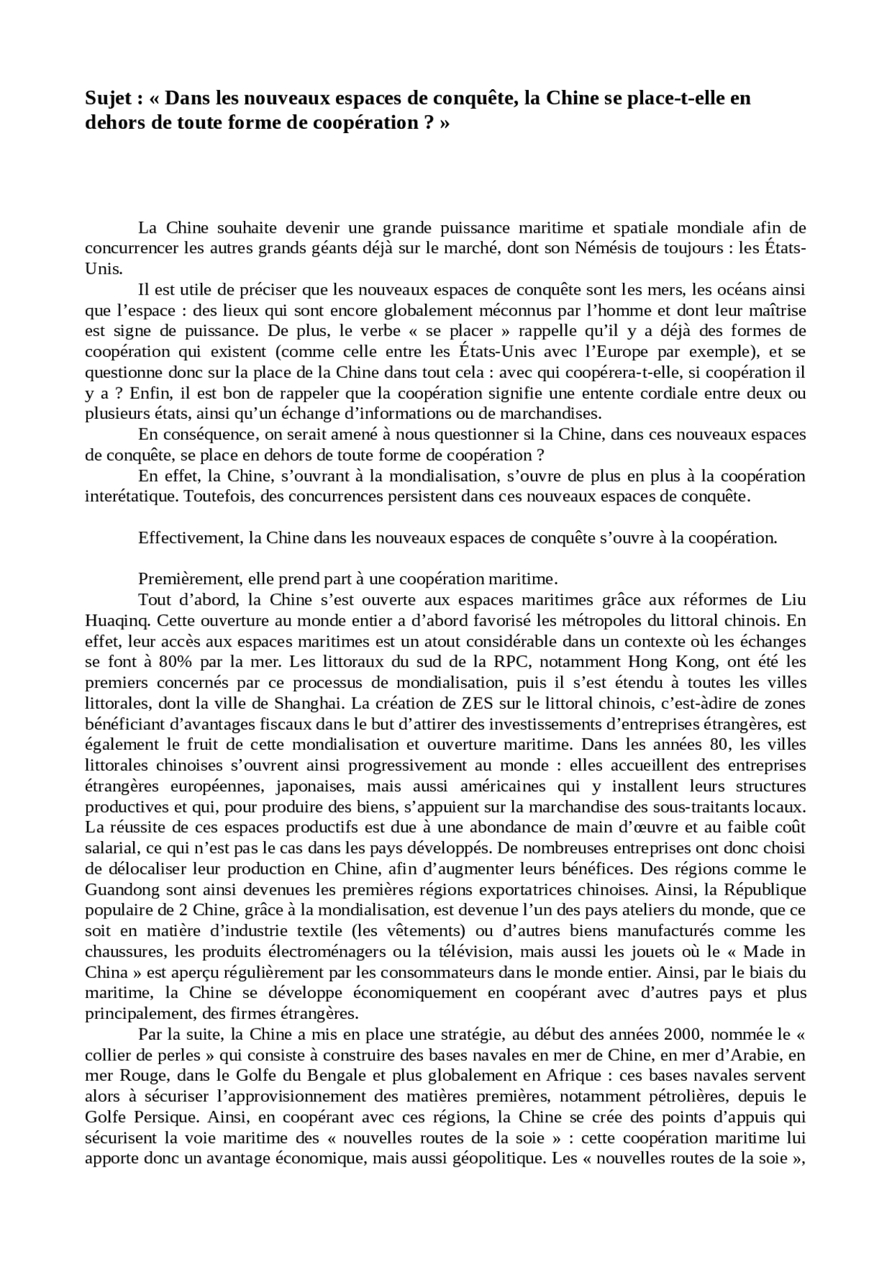 Dissertation La Chine Dans Les Nouveaux Espaces De Conquête En