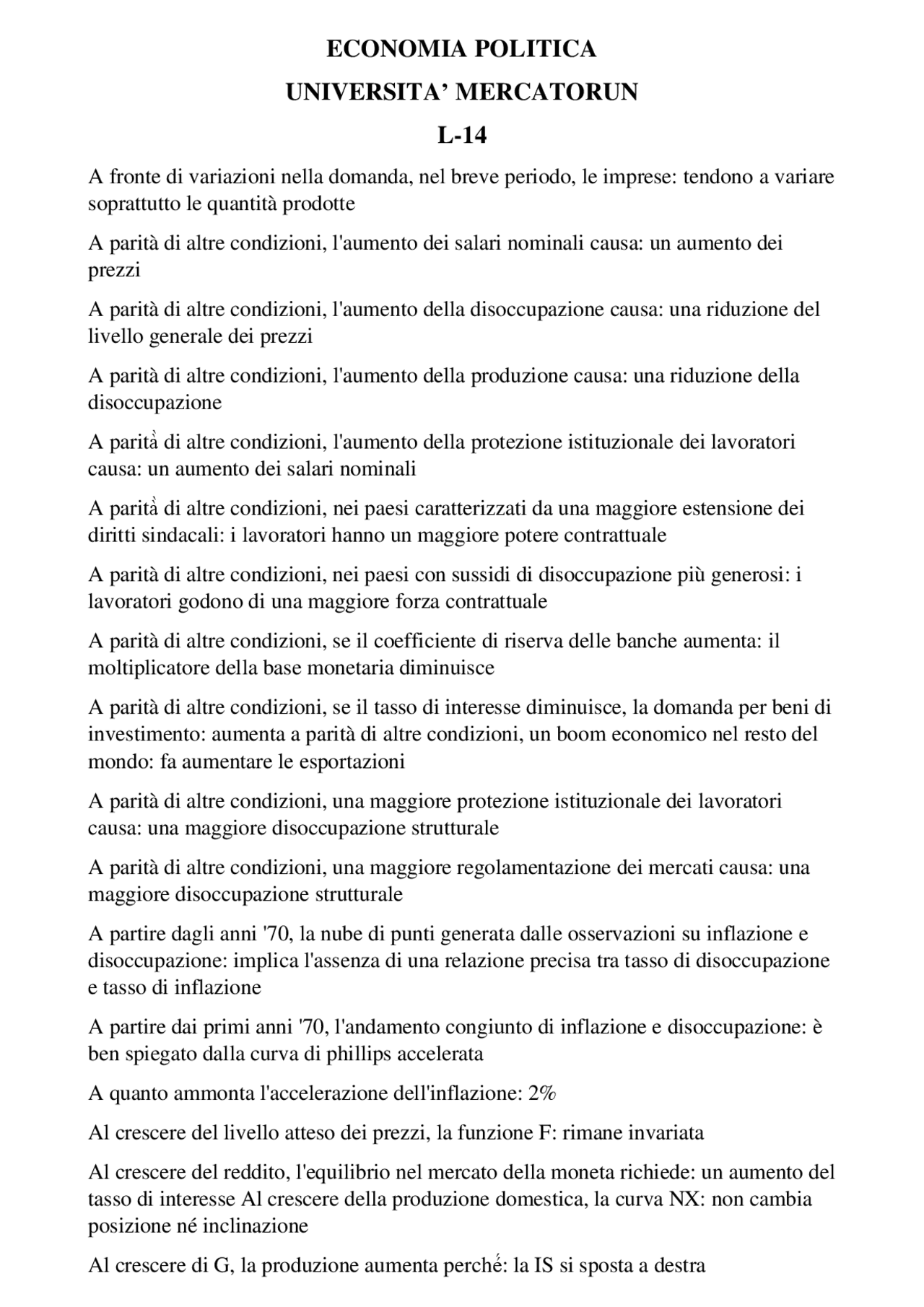 ECONOMIA POLITICA 2022 | Esercizi di Economia Politica | Docsity