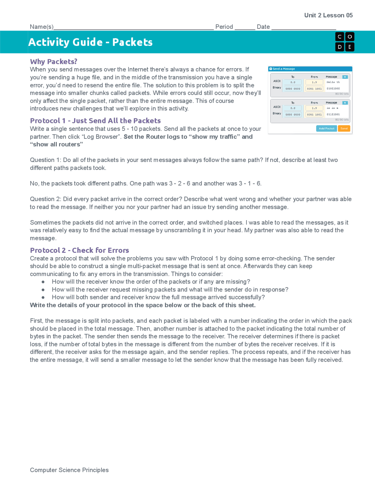 CSP Activity Guide for Packets | Exercises Computer science | Docsity