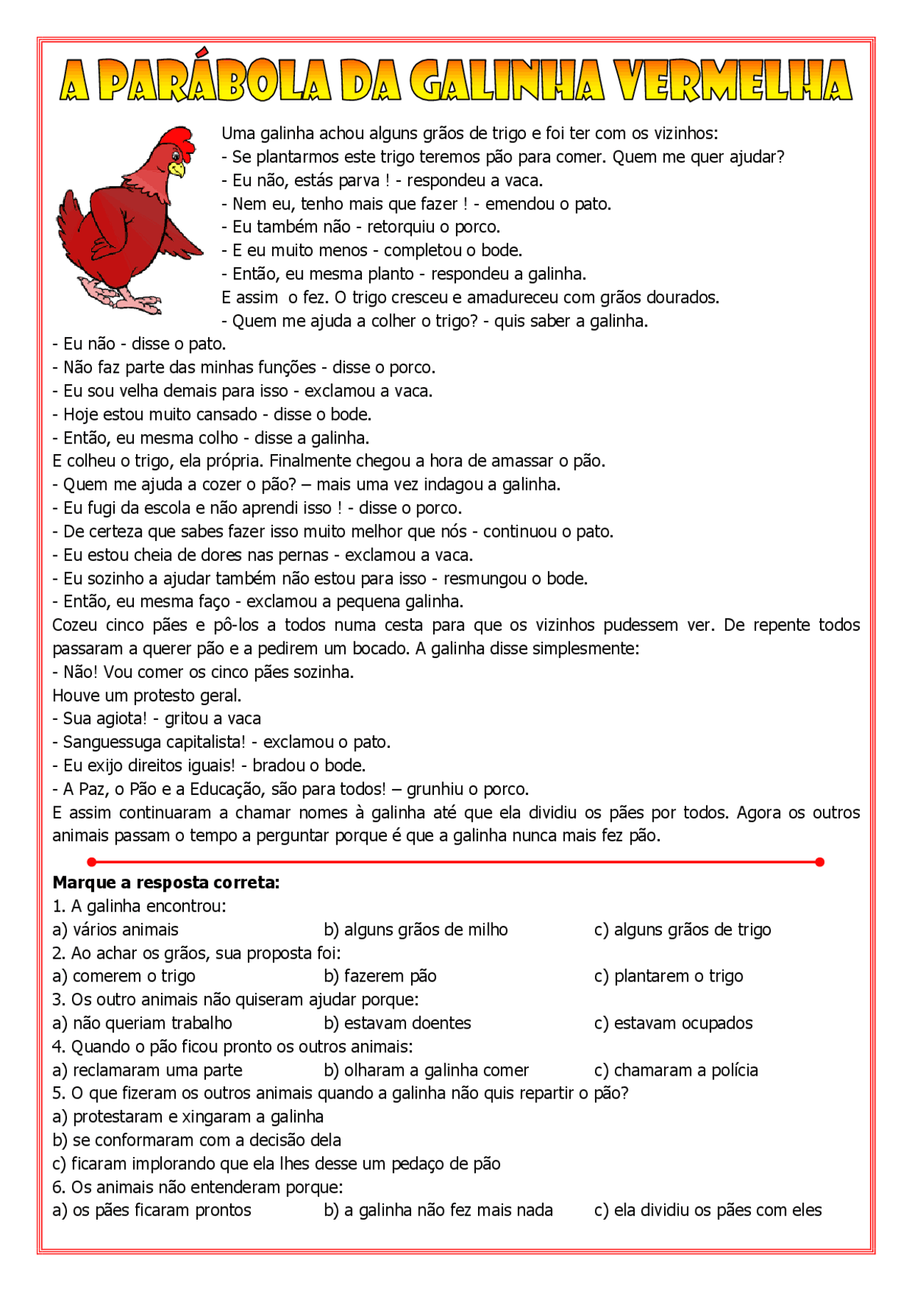 The parable of the red hen text comprehension worksheet with the ...