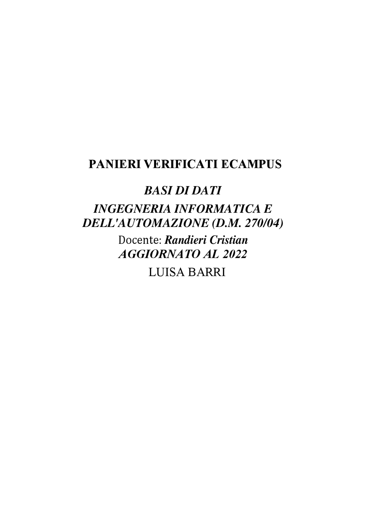 Paniere Basi Di Dati Ingegneria Informatica E Dellautomazione Dm