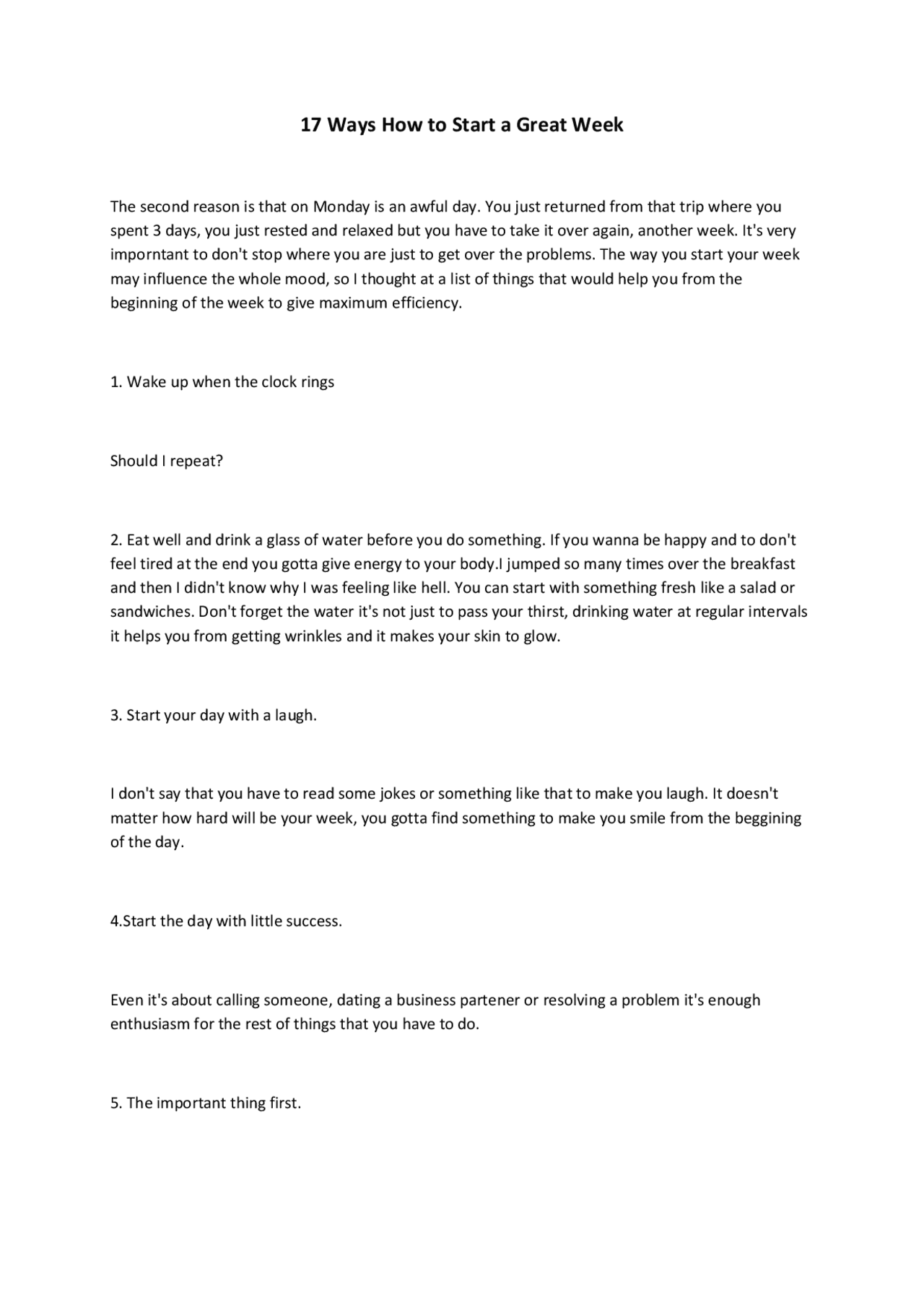 17 Ways How to Start a Great Week | Summaries English | Docsity