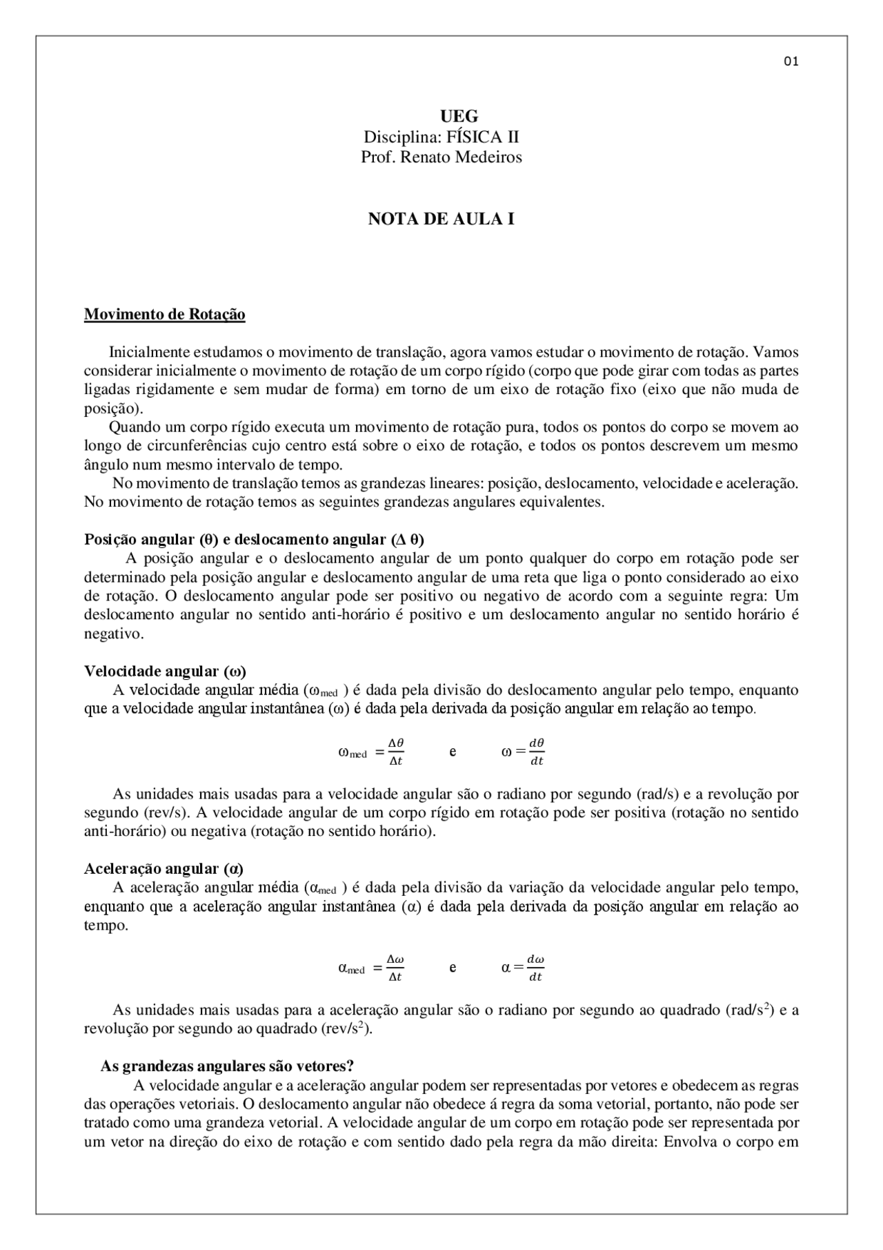 FÍSICA II Prof. Renato Medeiros NOTA DE AULA I | Notas de estudo Física | Docsity