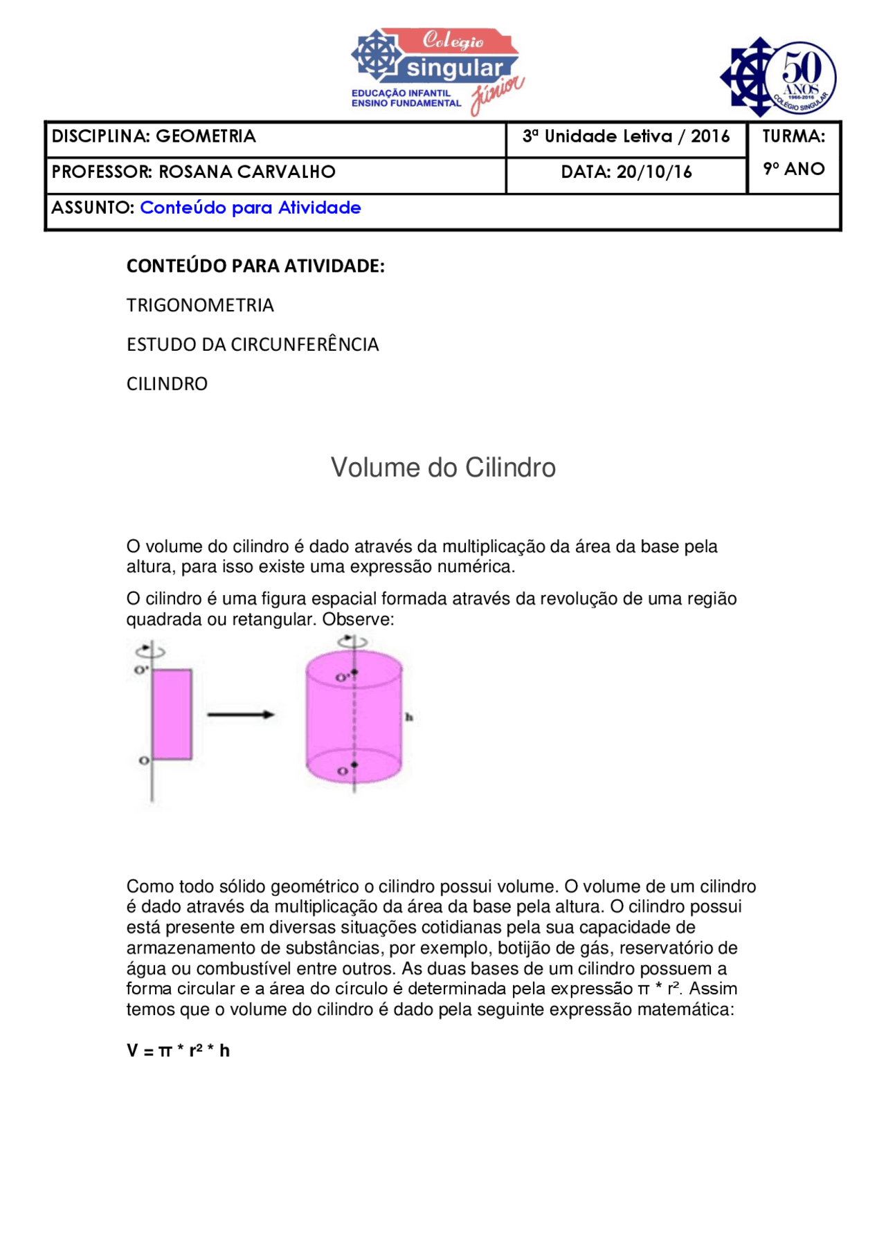 Volume do Cilindro | Exercícios Geometria | Docsity