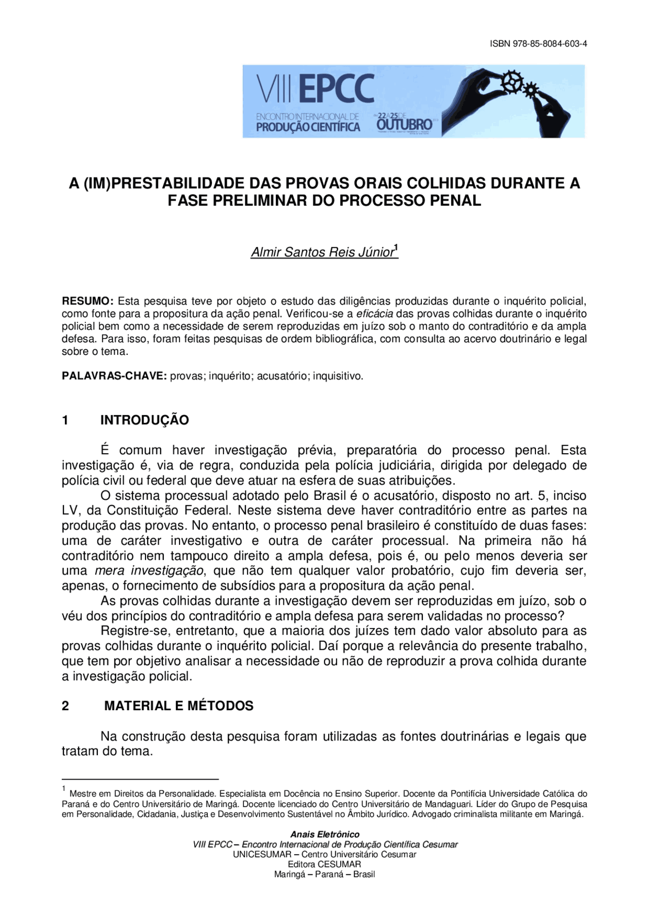 A (IM)PRESTABILIDADE DAS PROVAS ORAIS COLHIDAS ... | Provas Processo ...