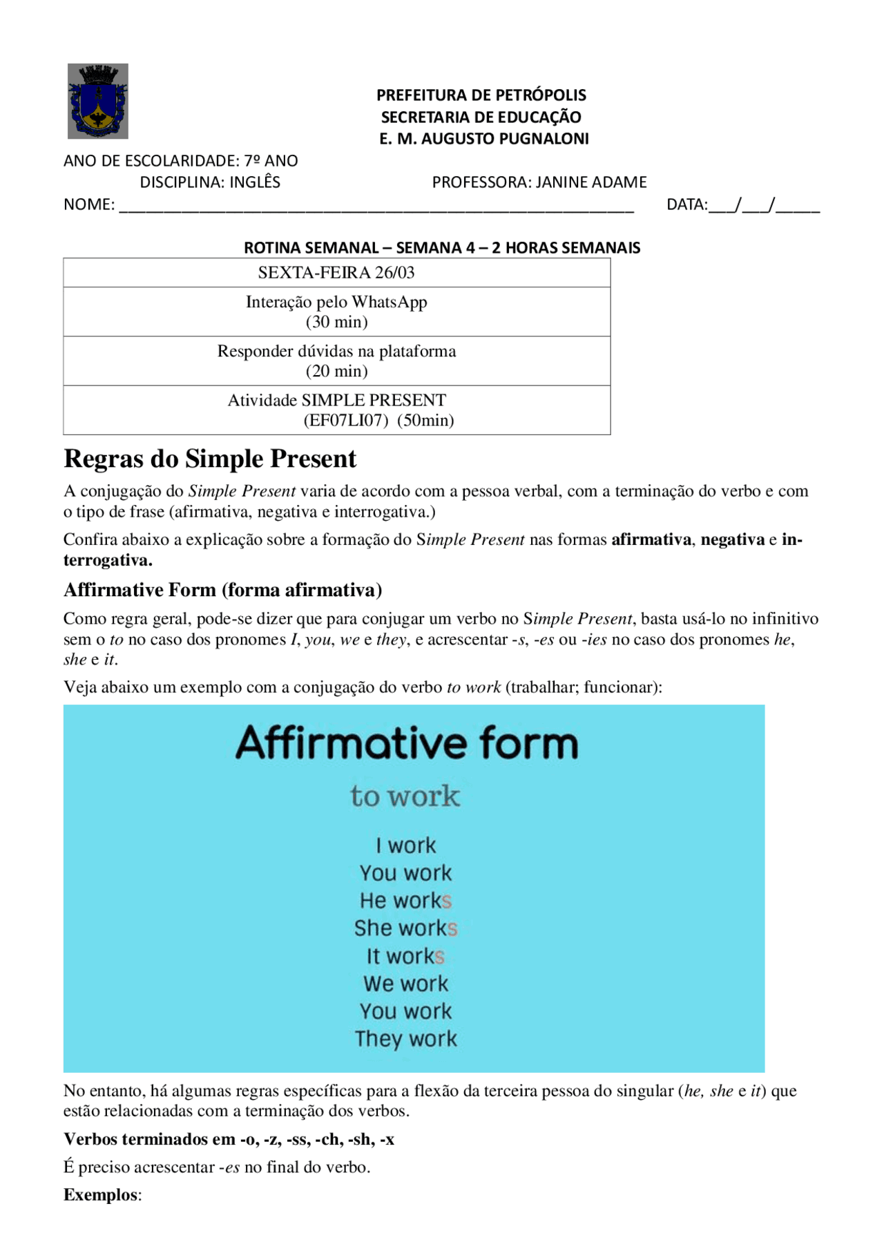 Regras do Simple Present | Notas de estudo Inglês | Docsity