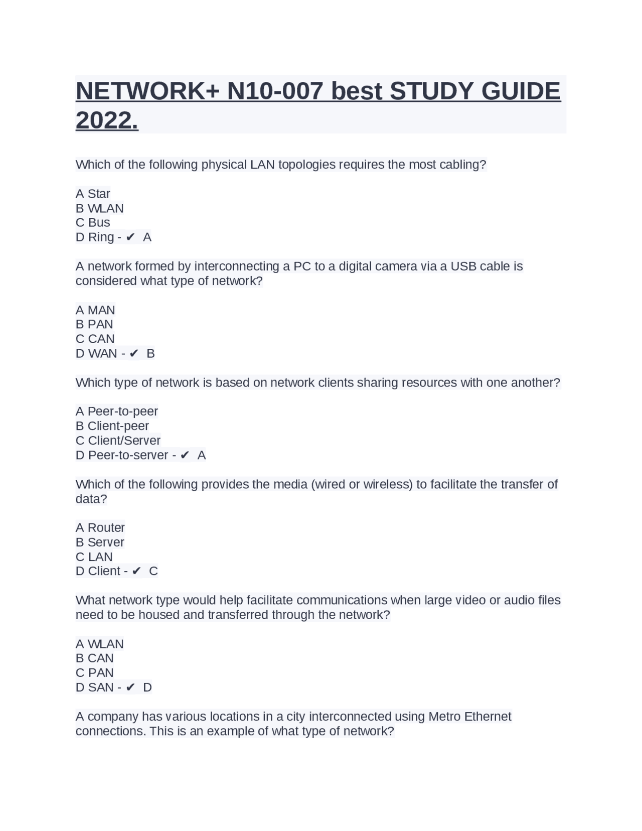 NETWORK+ N10-007 best STUDY GUIDE 2022. | Exams Computer Science | Docsity