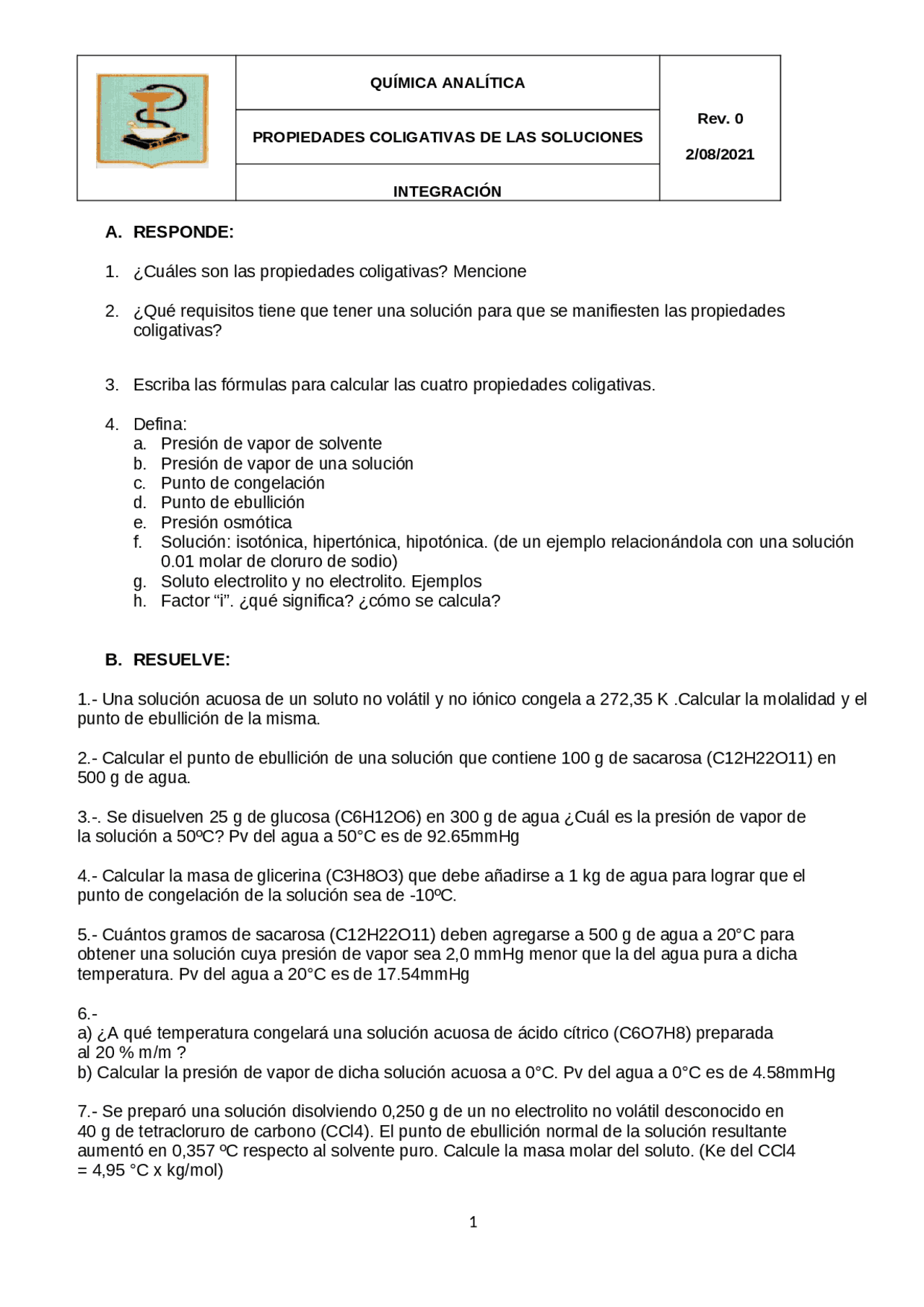 Propiedades coligativas de las soluciones | Ejercicios de Química | Docsity