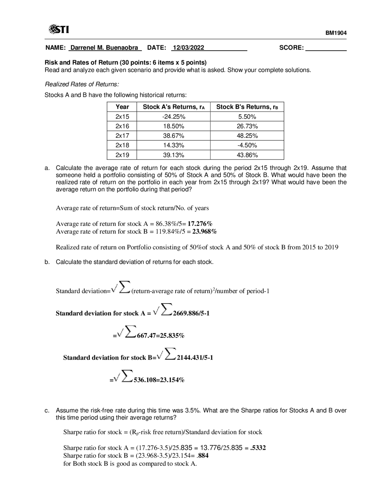 Risk and Rates of return | Exercises Financial Management | Docsity