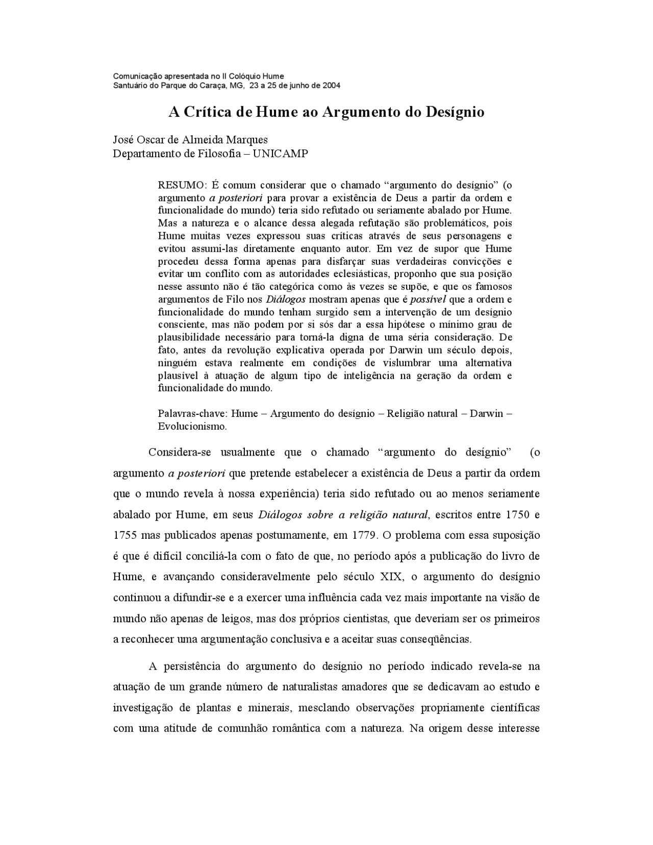 A Crítica de Hume ao Argumento do Desígnio | Notas de aula Religião | Docsity