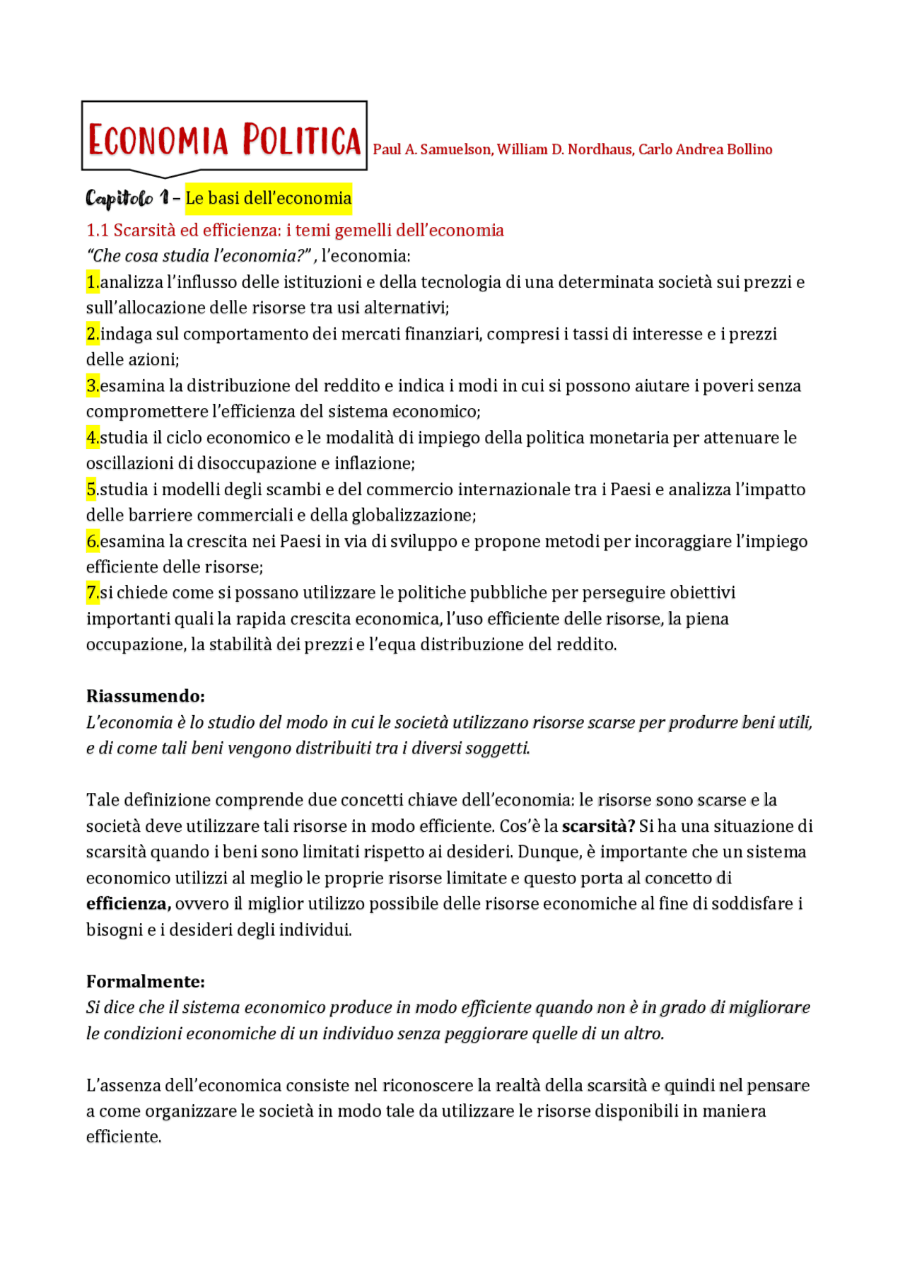 Riassunto Capitoli 1-2 Manuale di Economia Politica Samuelson, Nordhaus, Bollino | Appunti di ...