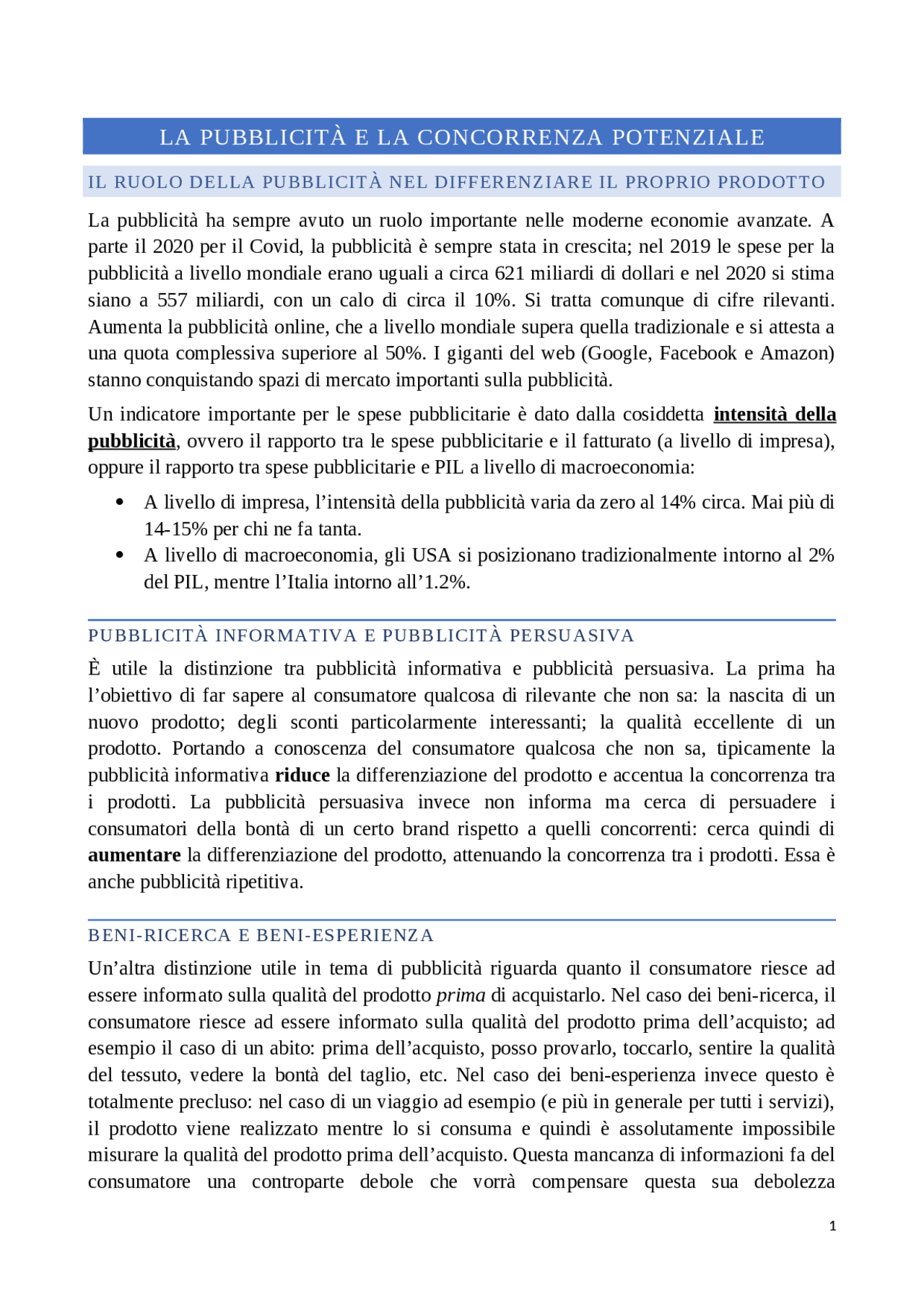 La pubblicità e la concorrenza potenziale | Appunti di Economia Industriale | Docsity
