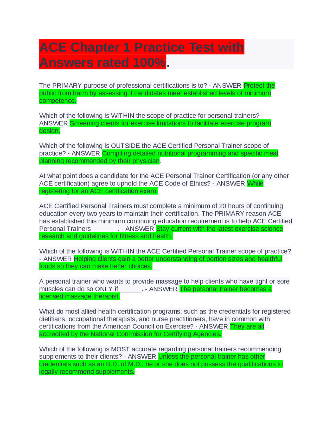 ACE Chapter 1 Practice Test with Answers rated 100% | Exams Nursing ...