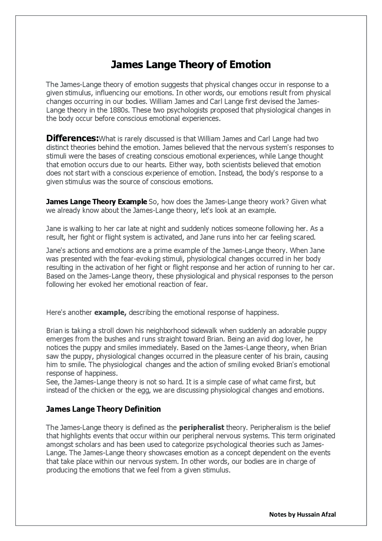 James Lange Theory of Emotion | Summaries Psychology | Docsity