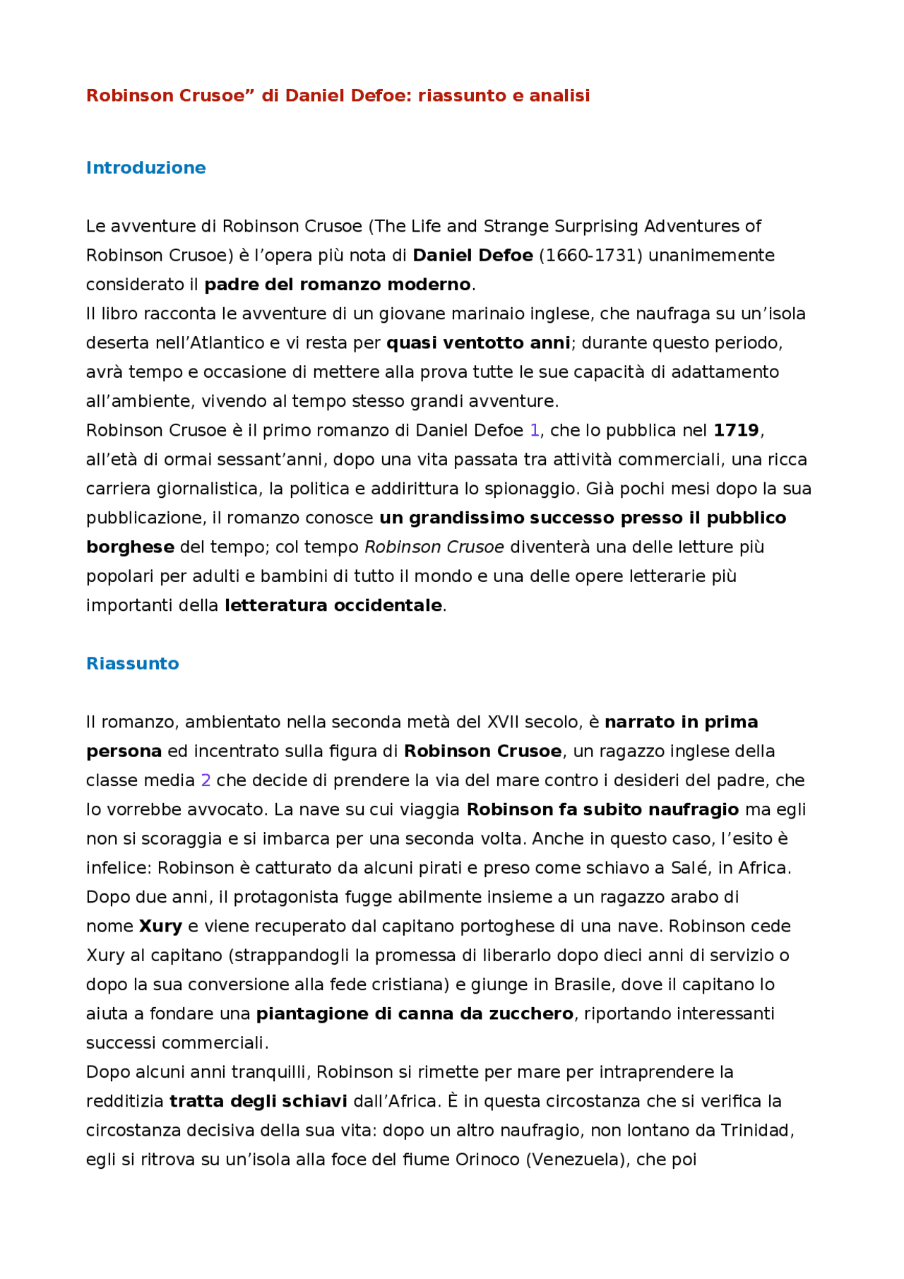 Riassunto di Robinson Crusoe di Daniel Defoe | Appunti di Letteratura Inglese | Docsity