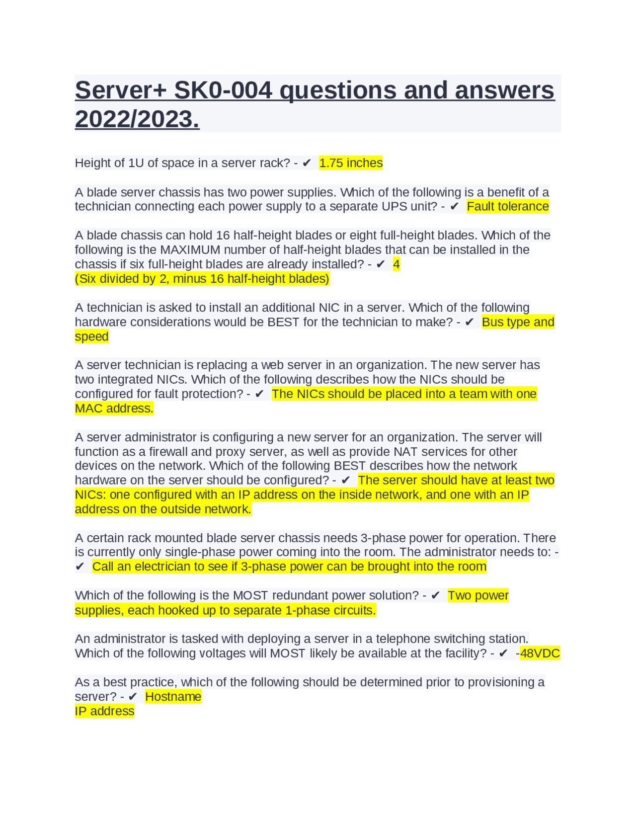 Server+ SK0-004 questions and answers 2022/2023 | Exams Computer ...