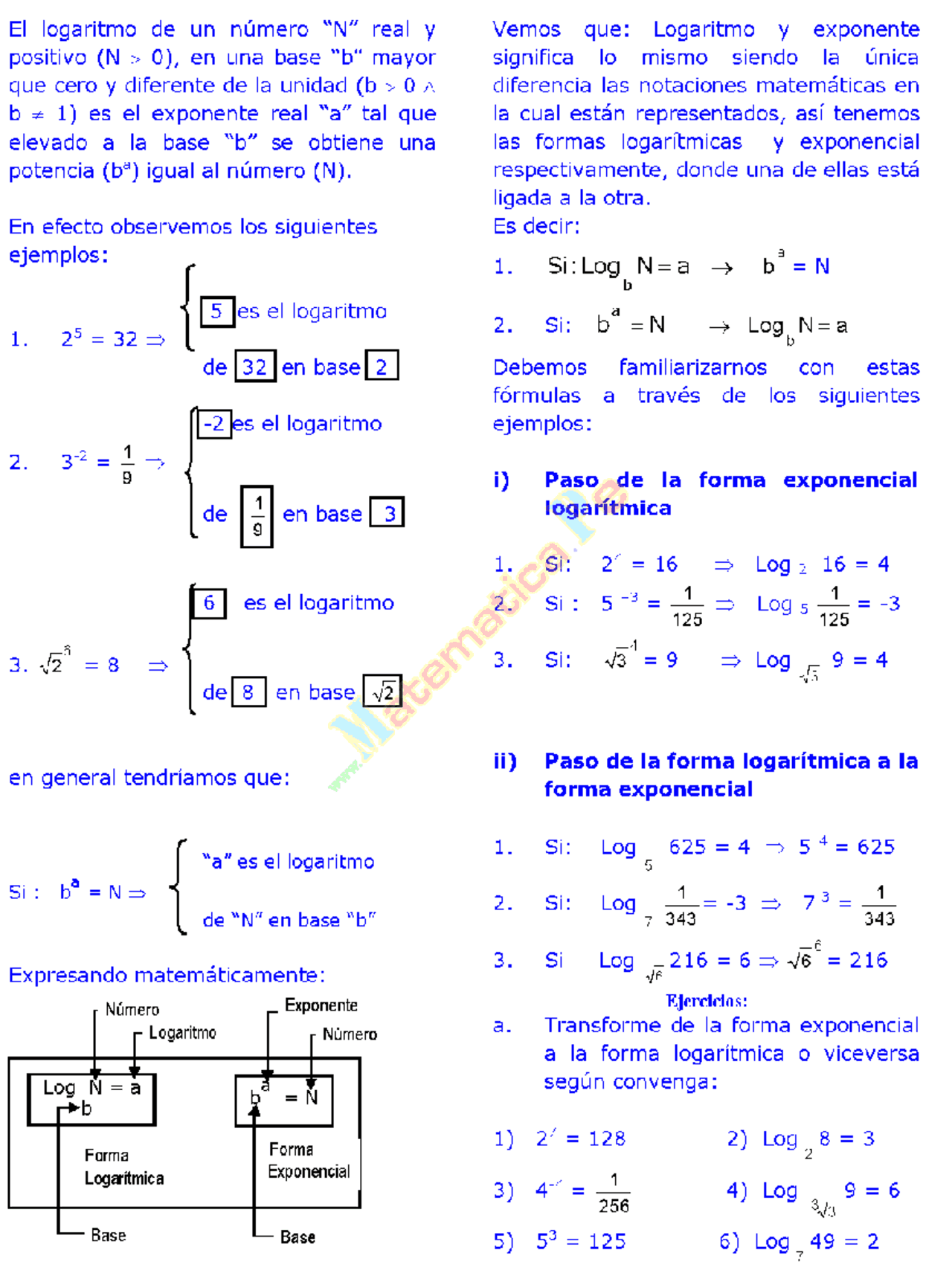 Logaritmos Log definicion | Transcripciones de Matemáticas | Docsity