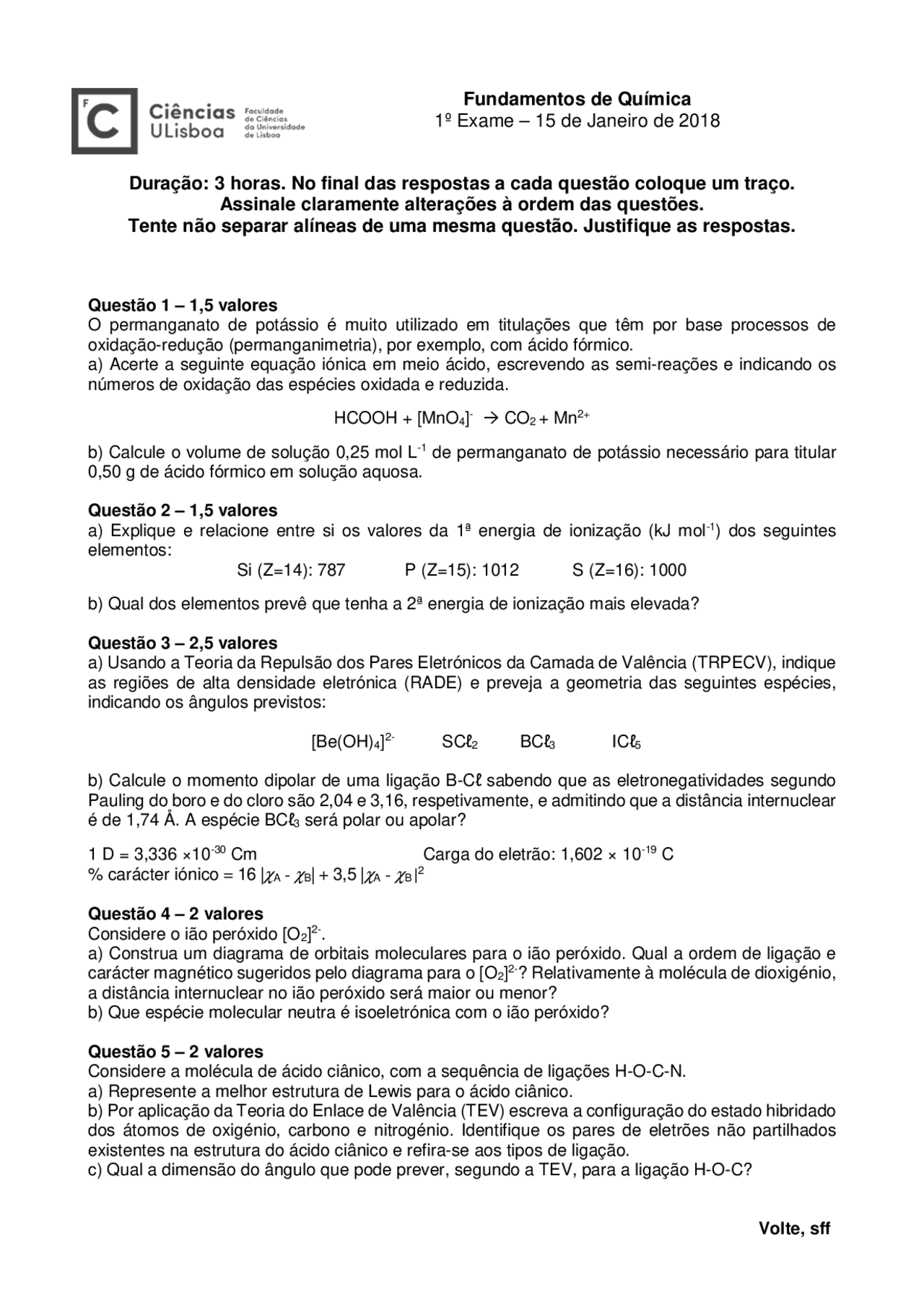 Fundamentos De Química 1º Exame Slides Química Docsity