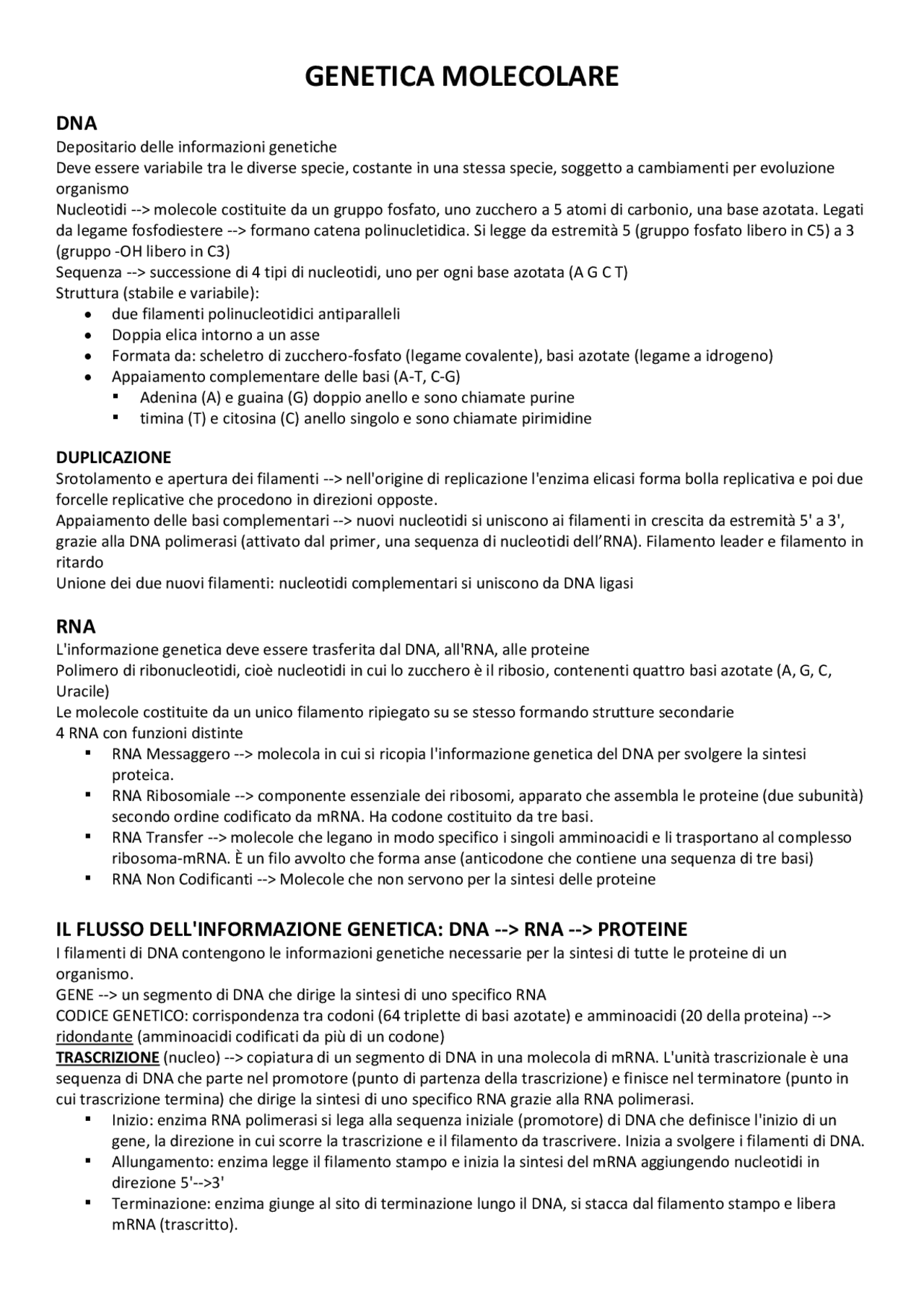 Genetica Molecolare Riassunto Appunti Di Scienze Umane Docsity