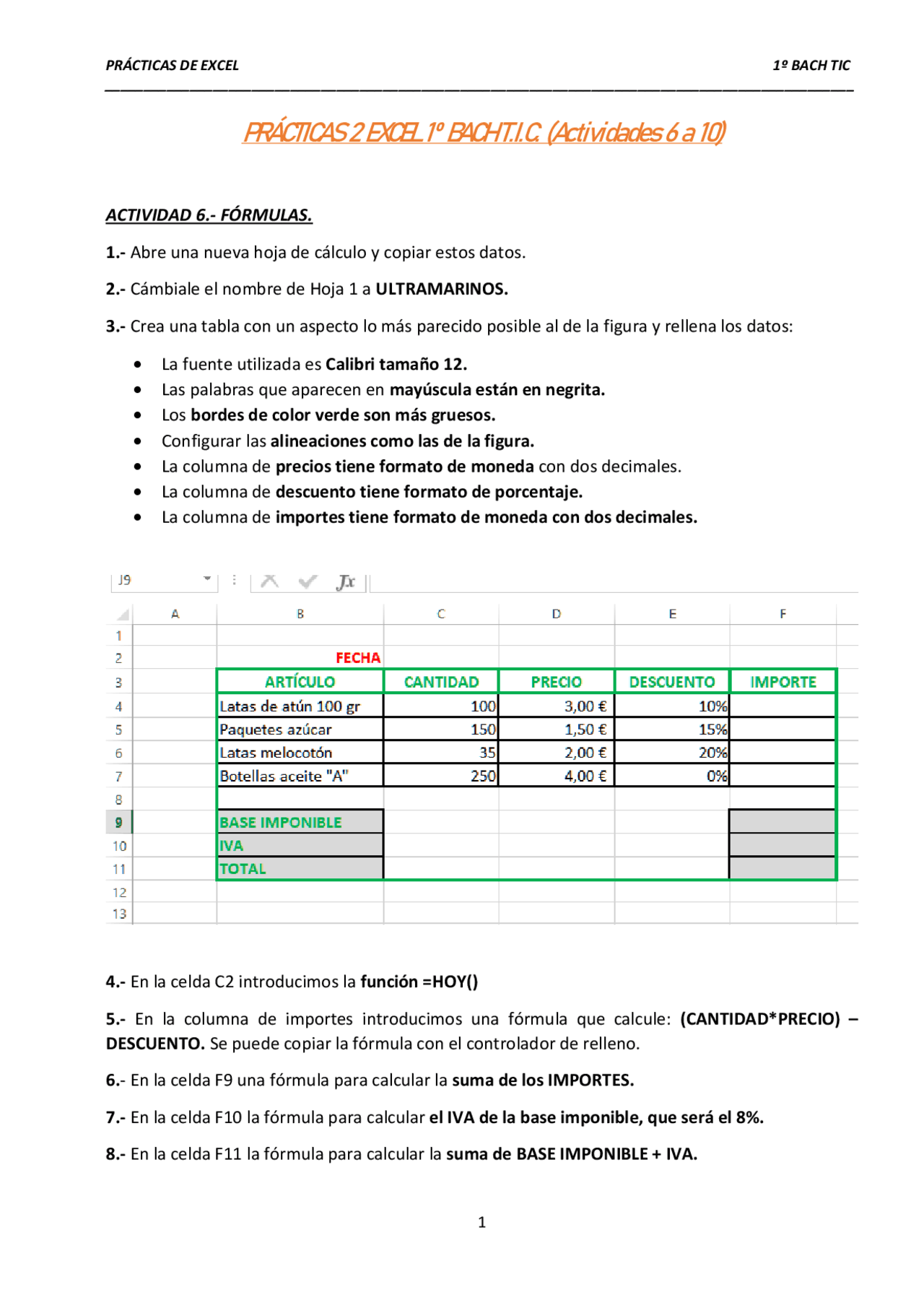 Practicas de tic hoja d ecalculo | Exercises of Computer science | Docsity