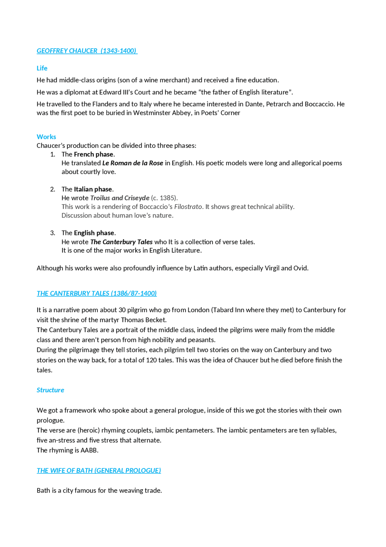 The Canterbury Tales | Schemi e mappe concettuali di Inglese | Docsity