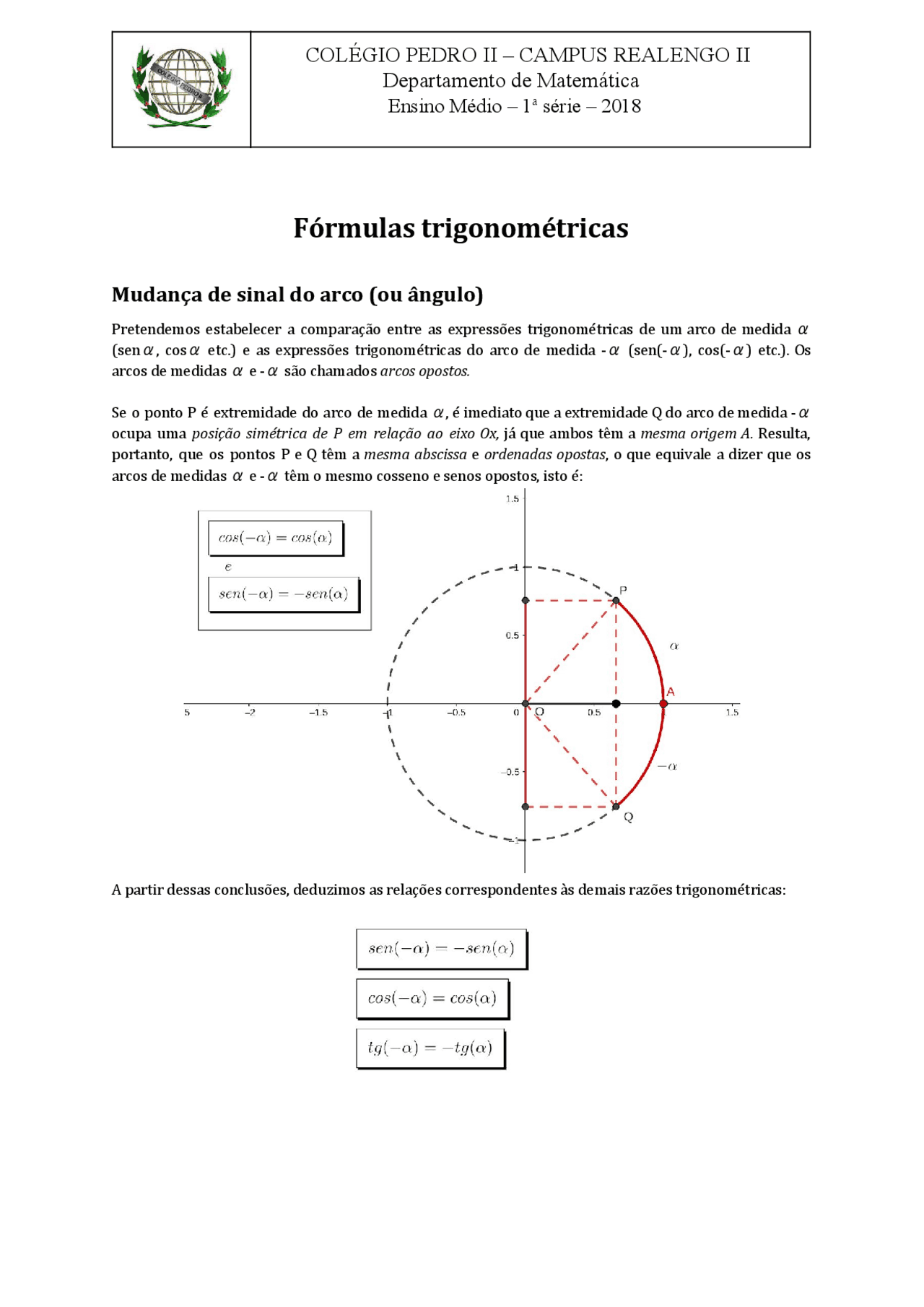 Fórmulas trigonométricas | Notas de aula Cálculo | Docsity