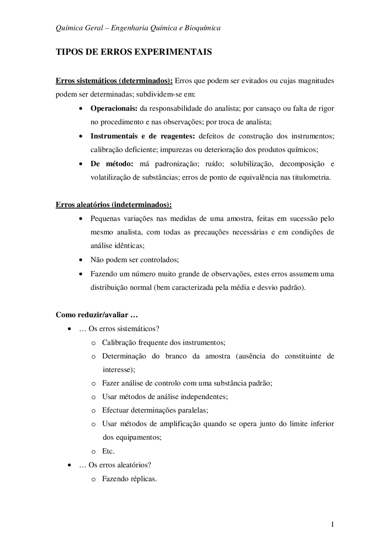 TIPOS DE ERROS EXPERIMENTAIS | Slides Química | Docsity