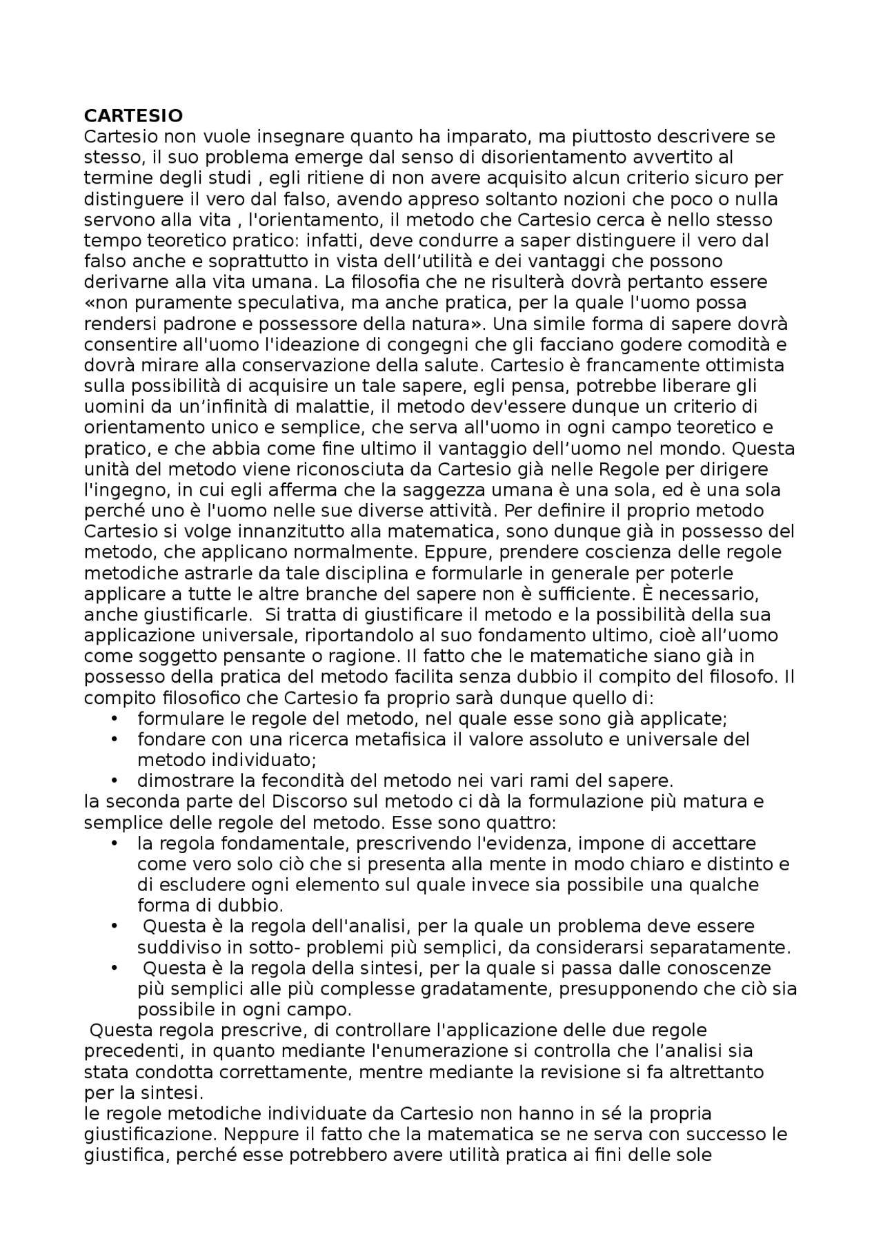 Riassunto su Cartesio | Sintesi del corso di Filosofia | Docsity