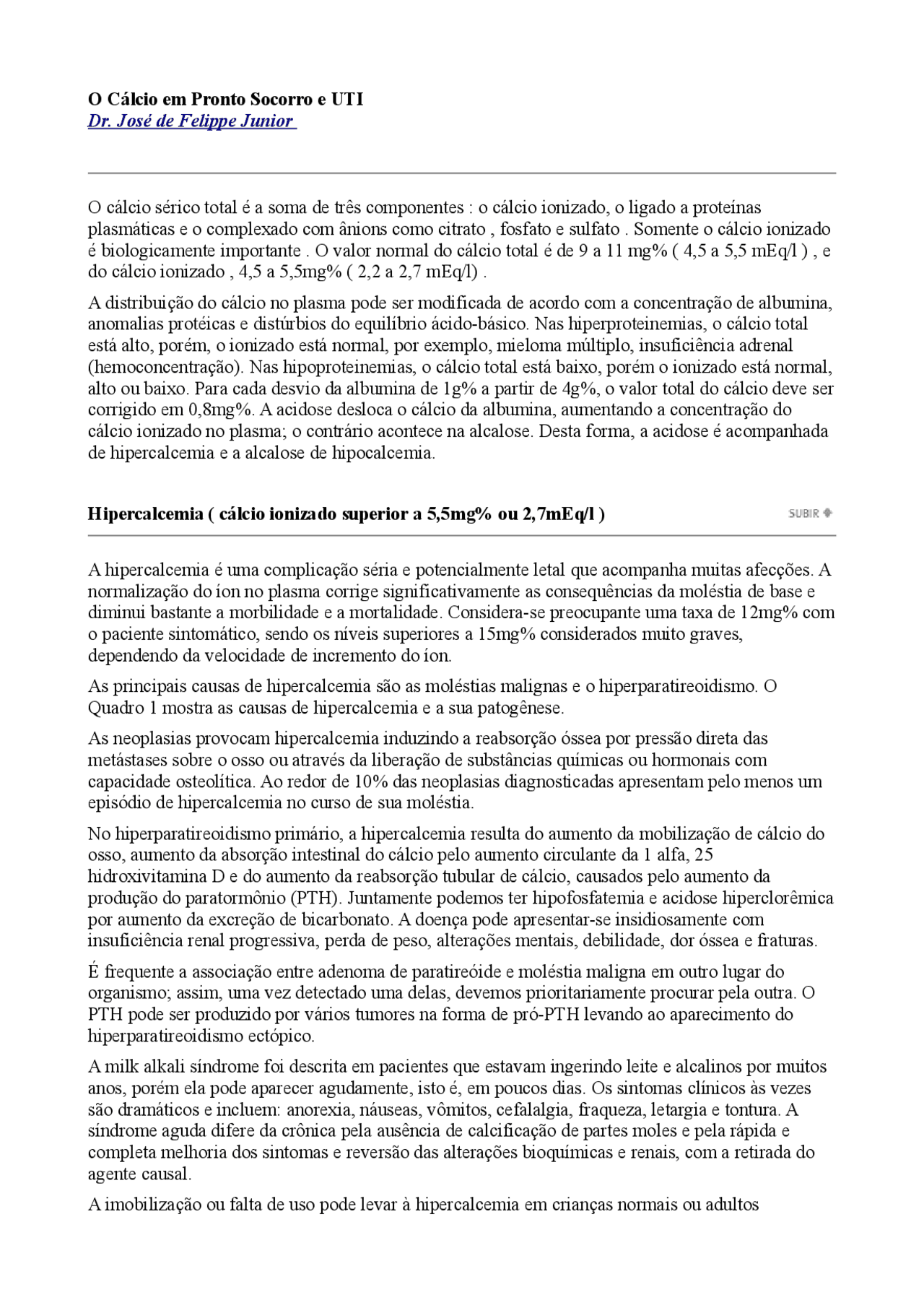 O Cálcio Em Pronto Socorro E Uti Resumos Desvio Docsity