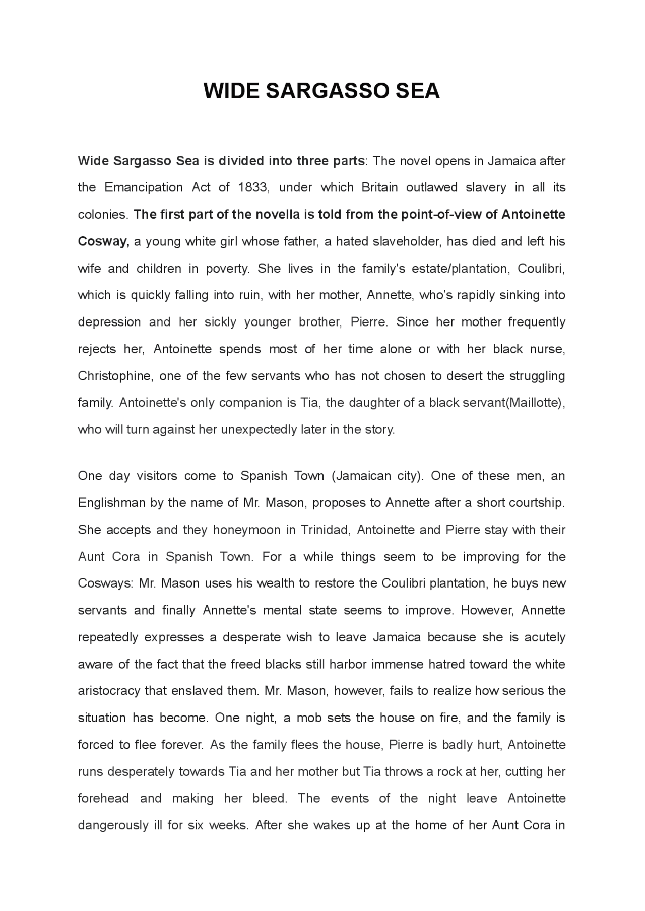 WIDE SARGASSO SEA SUMMARY & CRITICAL ESSAY BY POLLANEN | Appunti di ...
