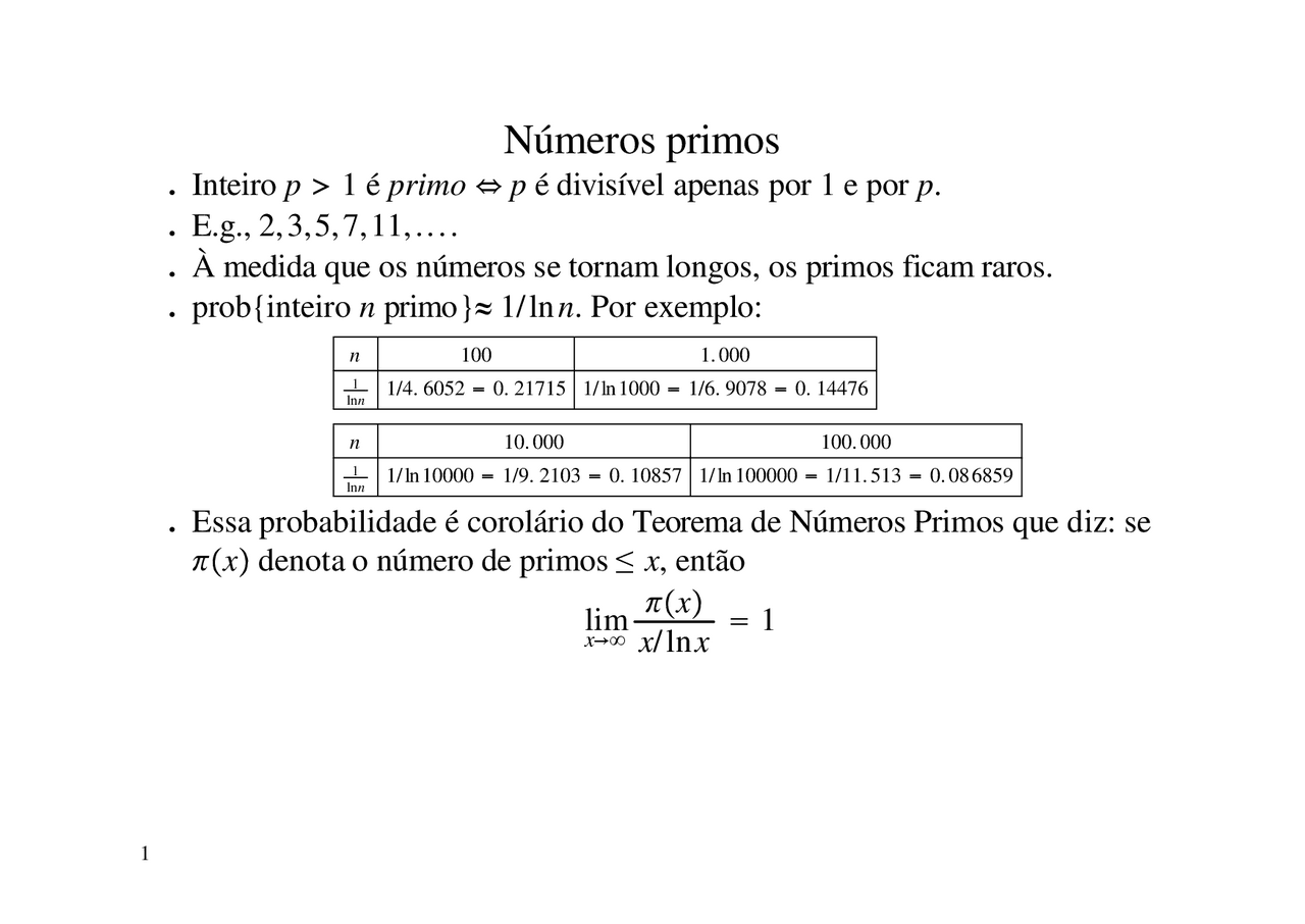 Números primos | Notas de aula Probabilidade | Docsity