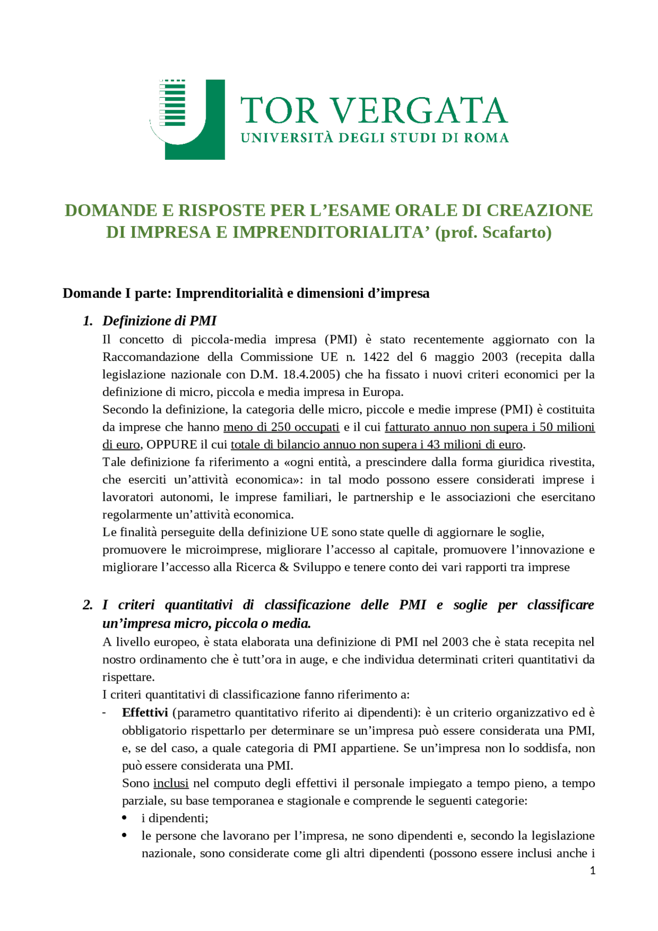 Creazione d'impresa e imprenditorialità (Domande e risposte dell'esame orale) | Prove d'esame di ...