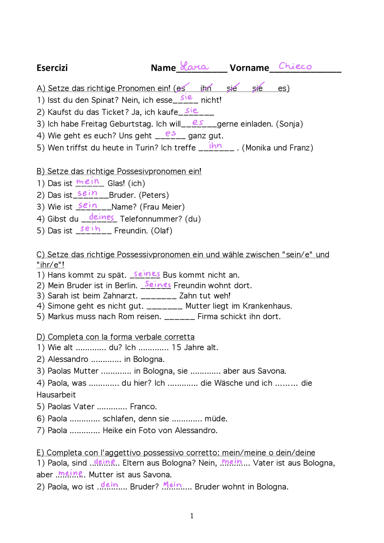 Esercitazioni tedesco | Esercizi di Lingua Tedesca | Docsity
